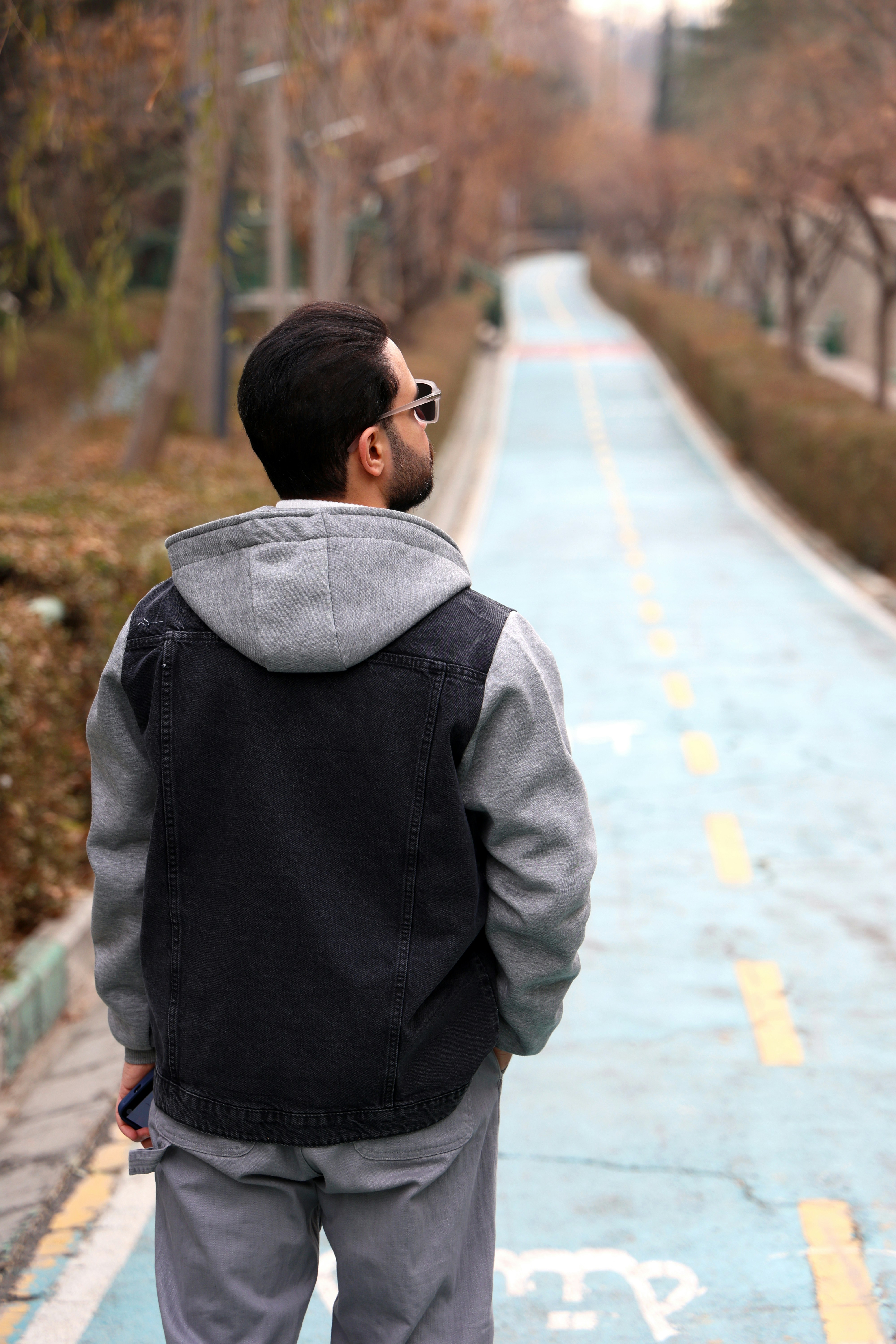 A Quiet Walk: Man in a Hooded Jacket on a Leaf-Strewn Boulevard