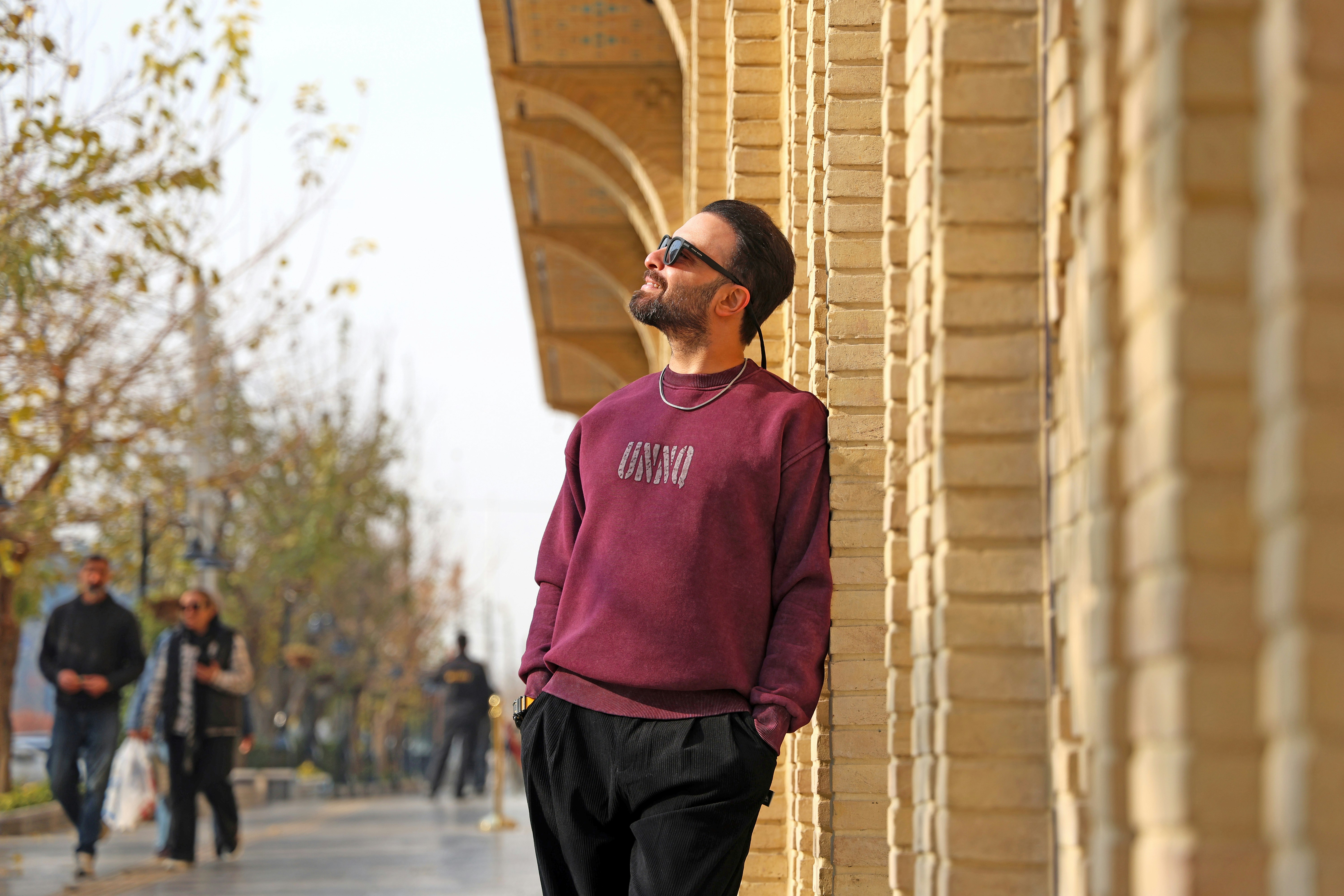 Maroon Sweatshirt Sage in an Urban Corridor