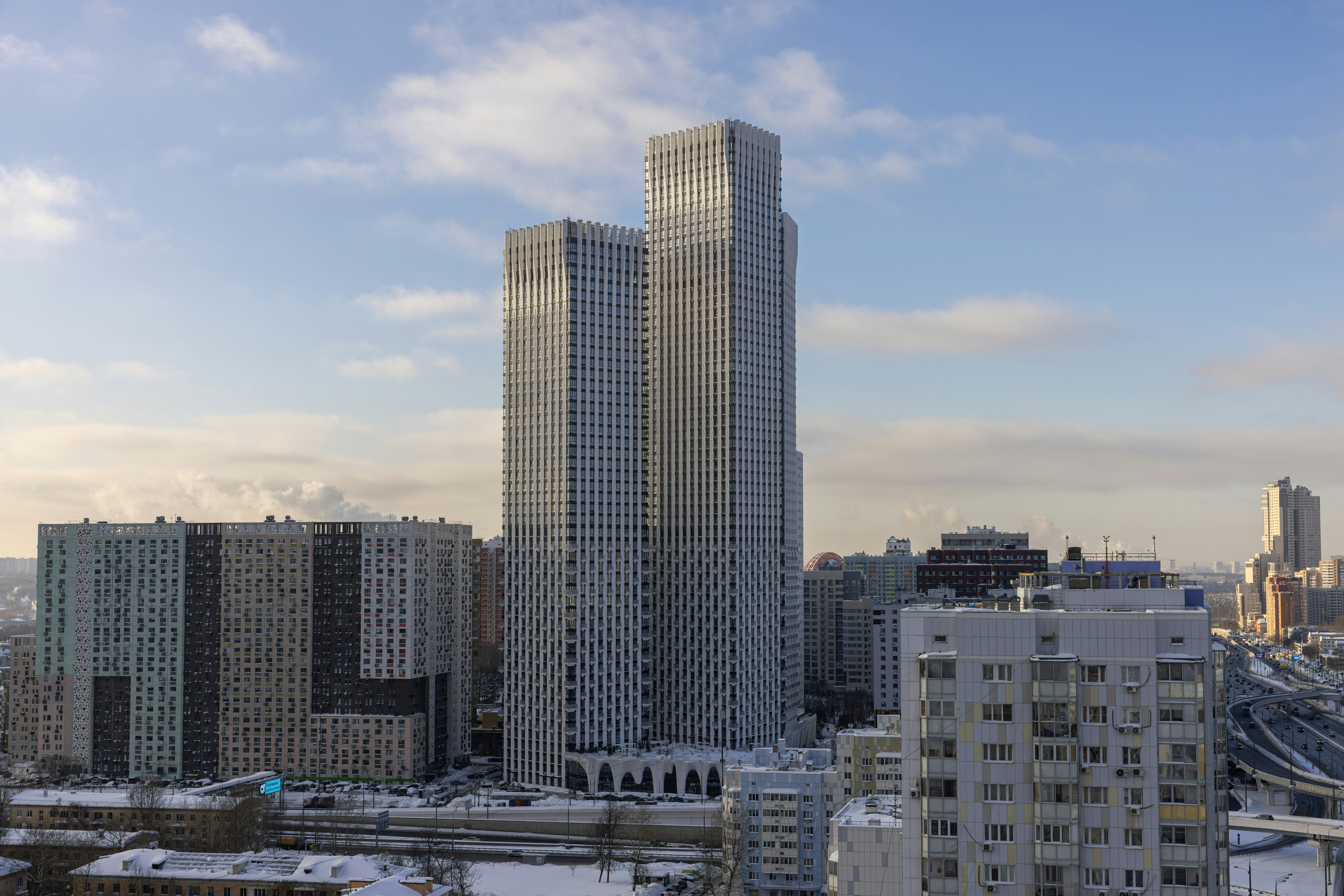 Twin Towers Over a Winter Grid