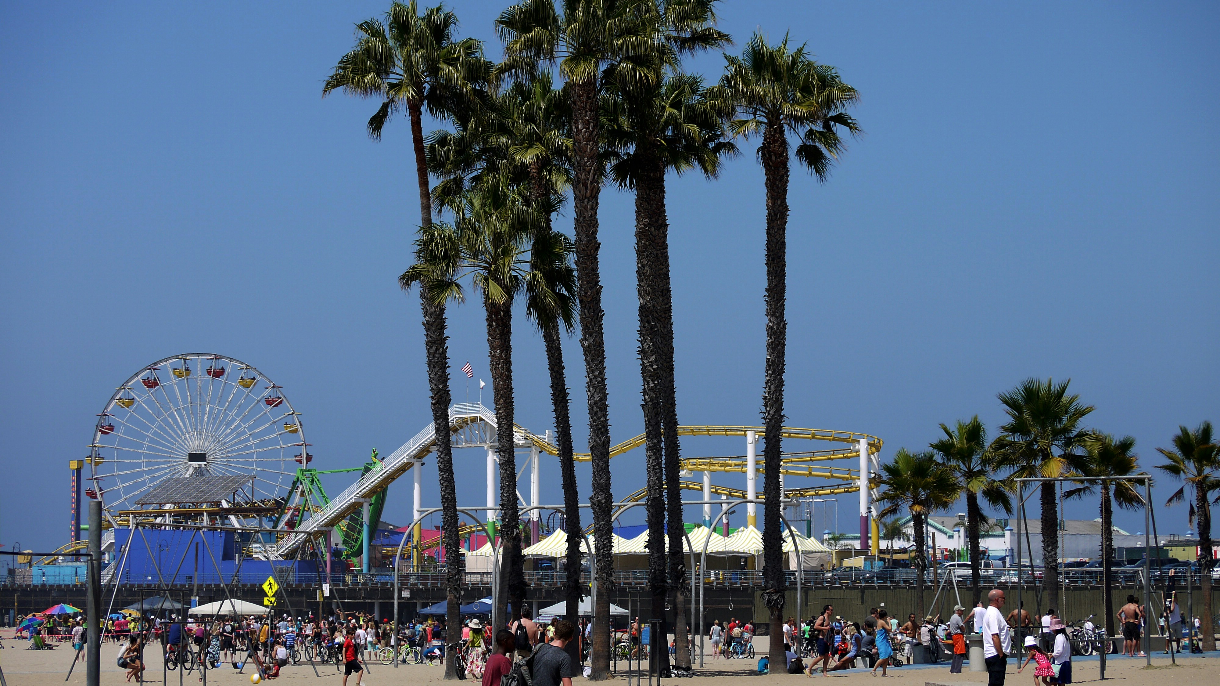 View of Santa Monica Pier, ferris wheel on background, with palm trees, beach and people on the foreground