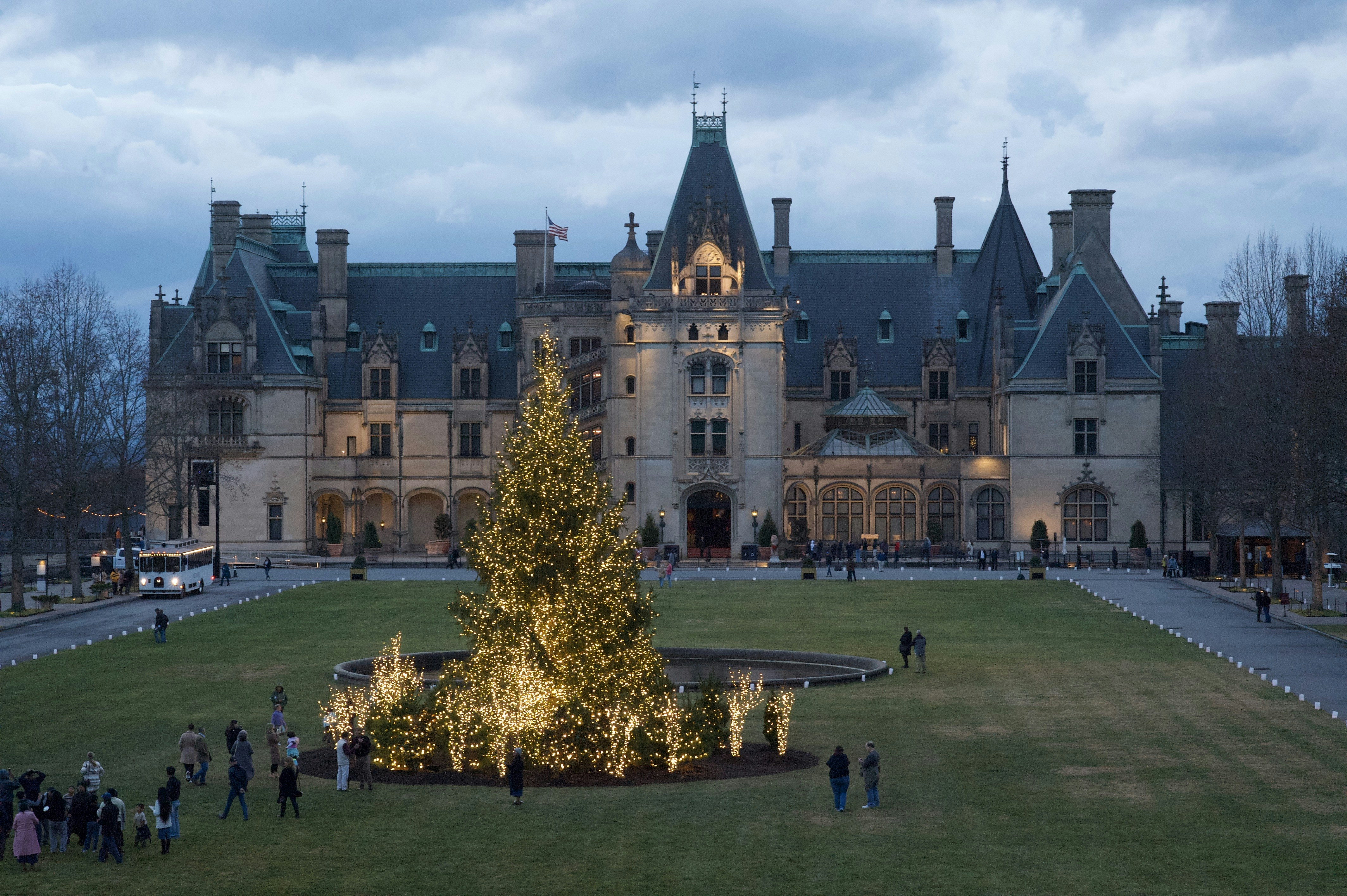 A Festive Castle Lawn: Illuminated Tree Framing the Historic Facade