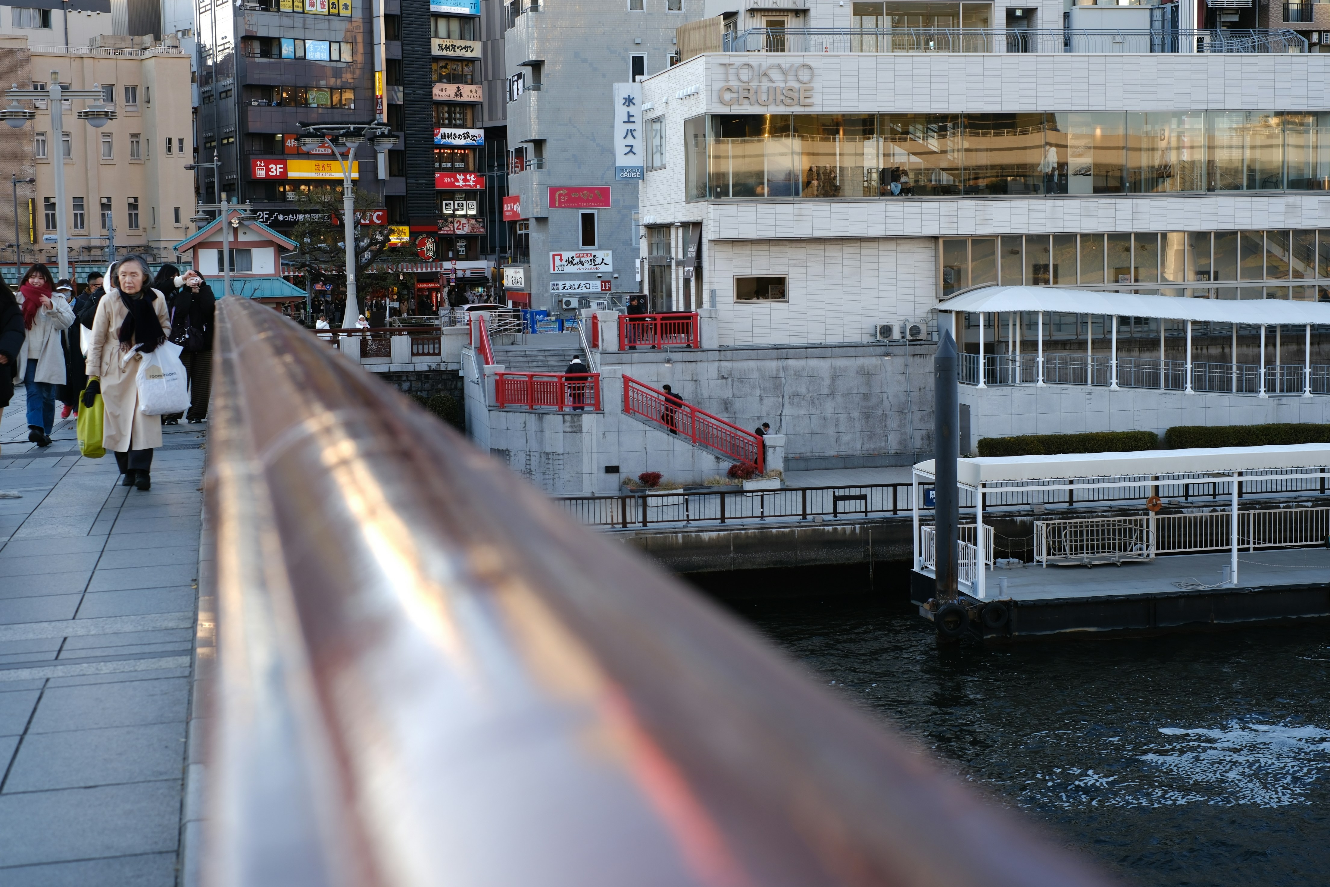 Bridge Rail in Focus: Pedestrians and Tokyo Wharf Scene