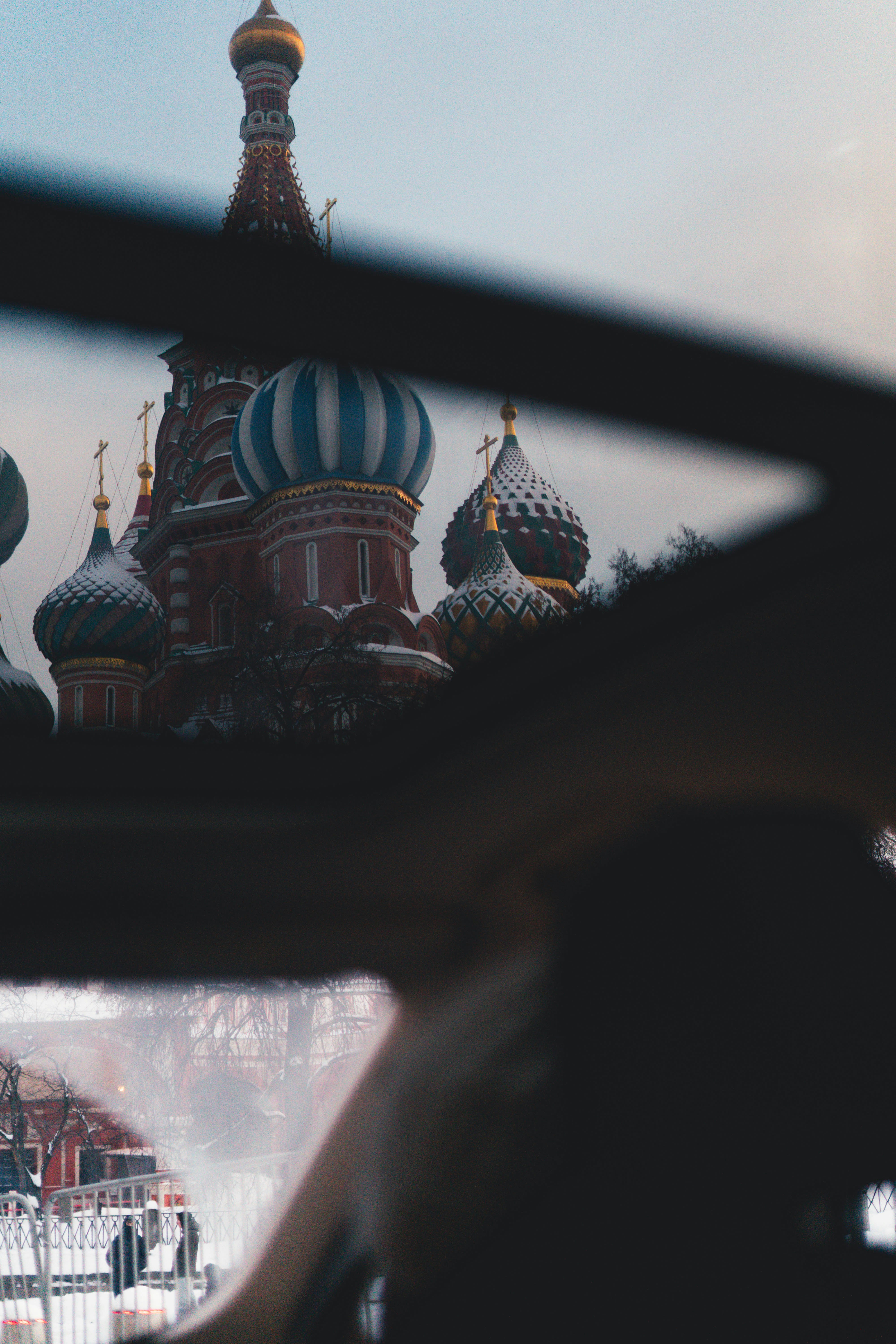 Shadowed View of Moscow’s Domes Through a Framed Window