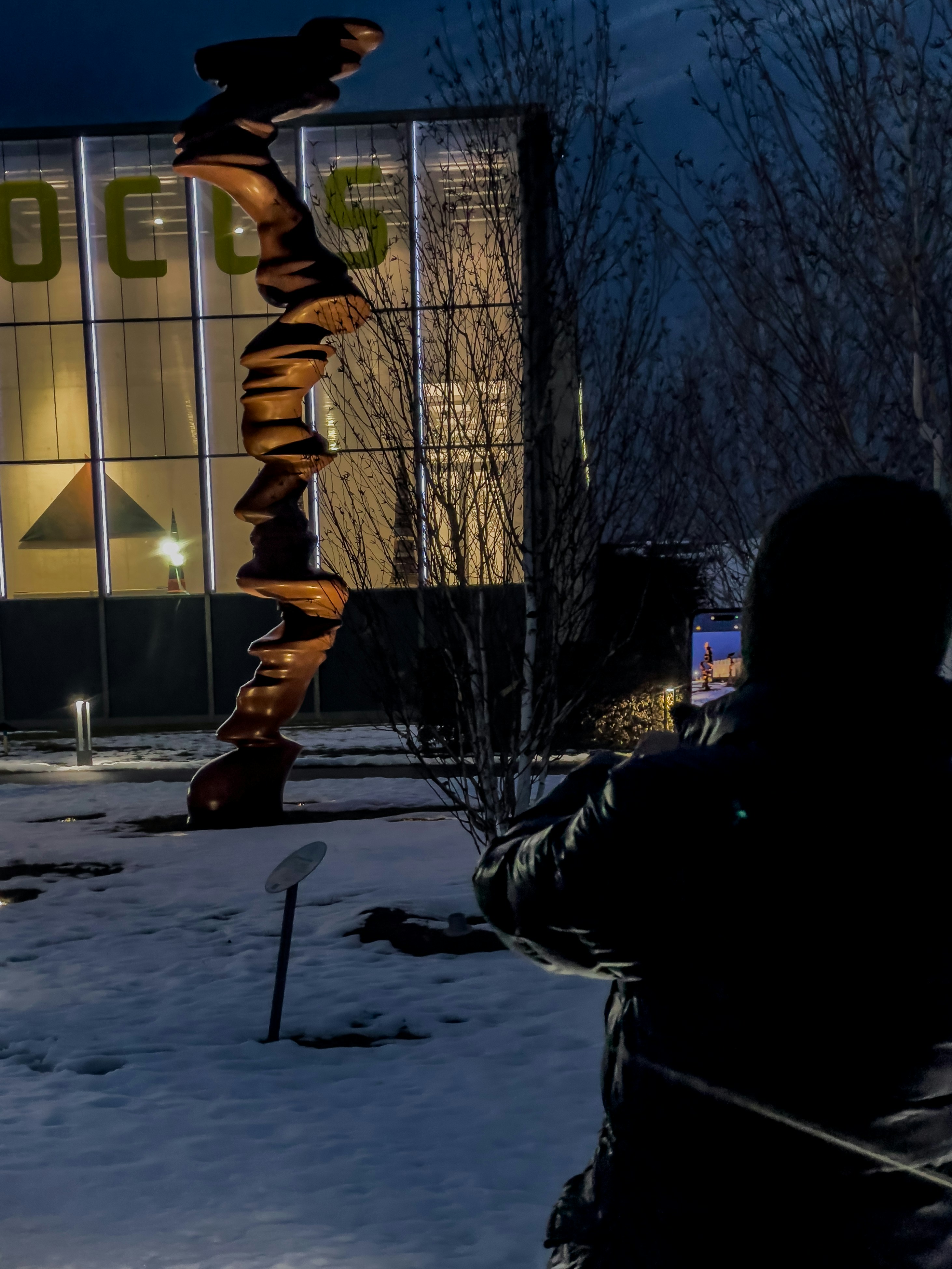 Twisted wooden sculpture rehearses against a snowy dusk facade