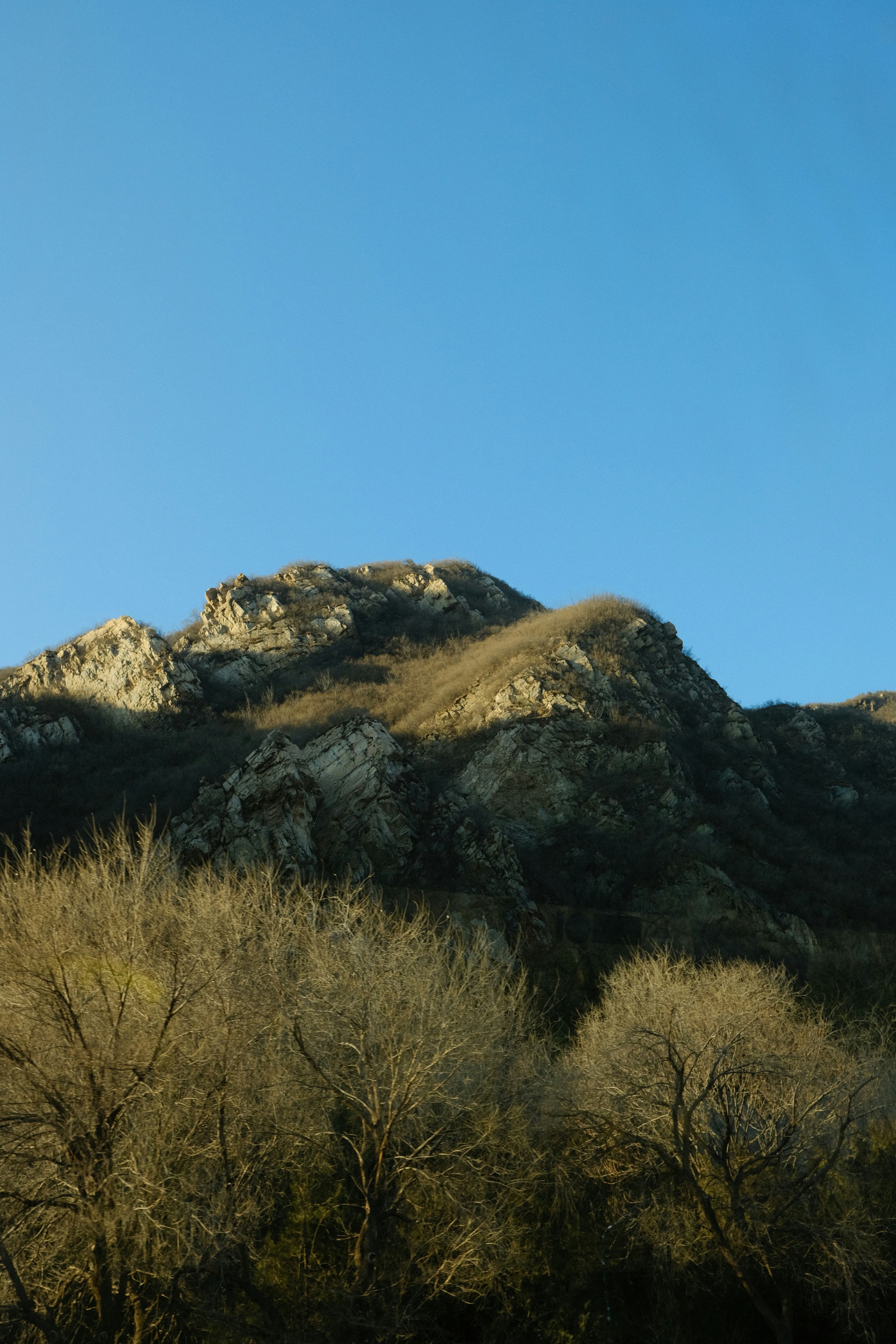 Sunlit summit ridge under a clear blue sky