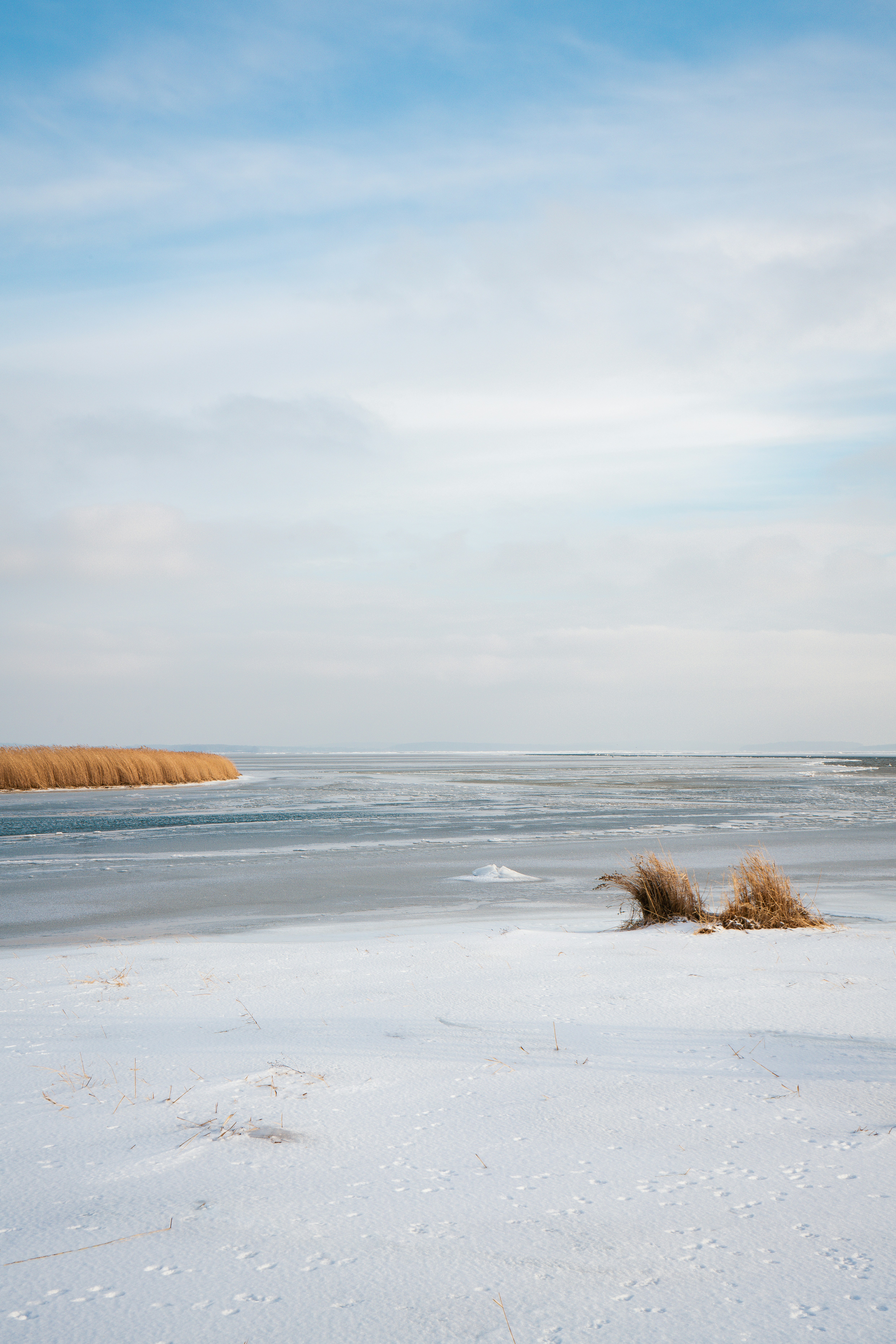 Snow-kissed shoreline under a pale blue sky