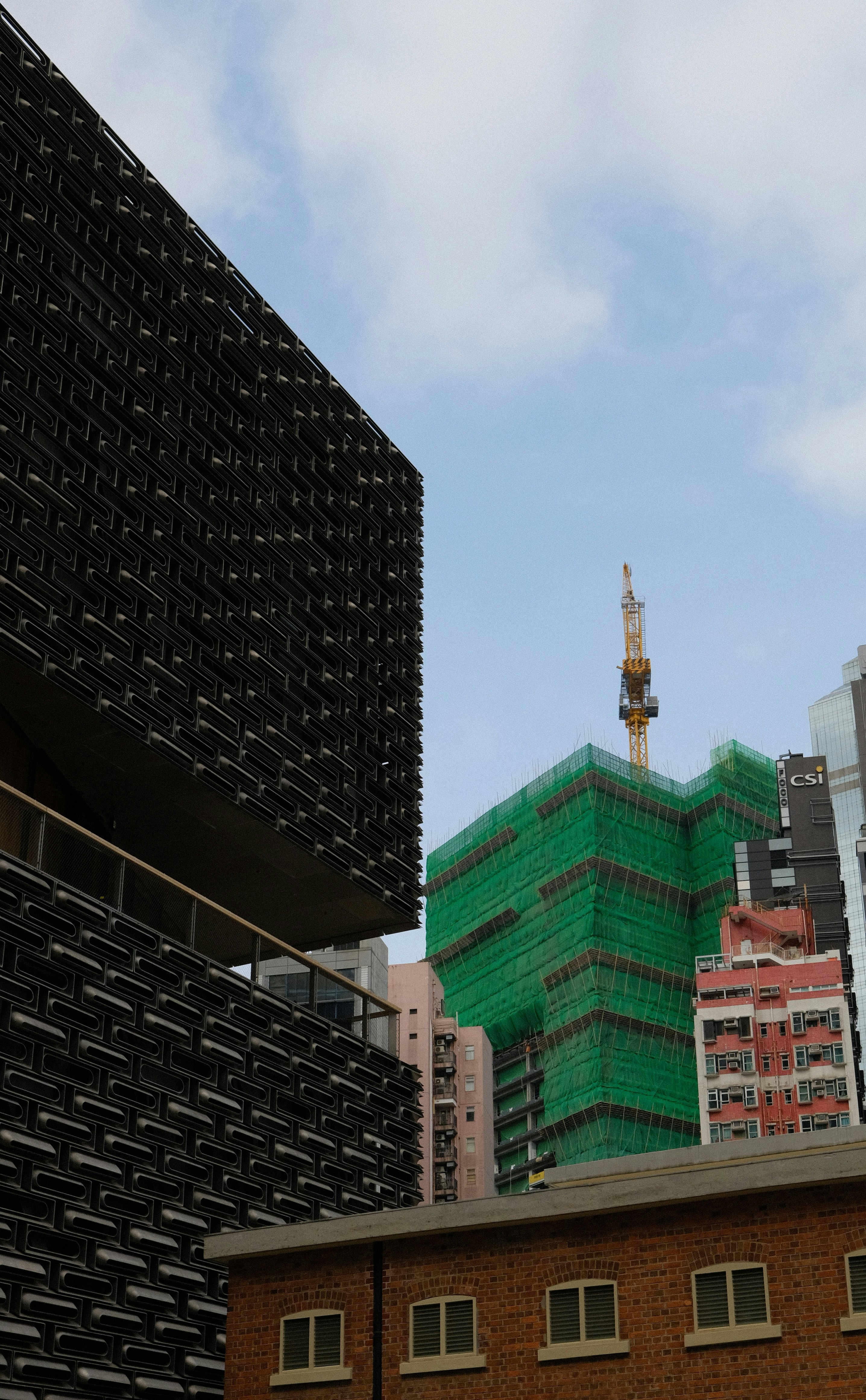 Metal Lattice and Green Scaffold: Cityscape Under Construction