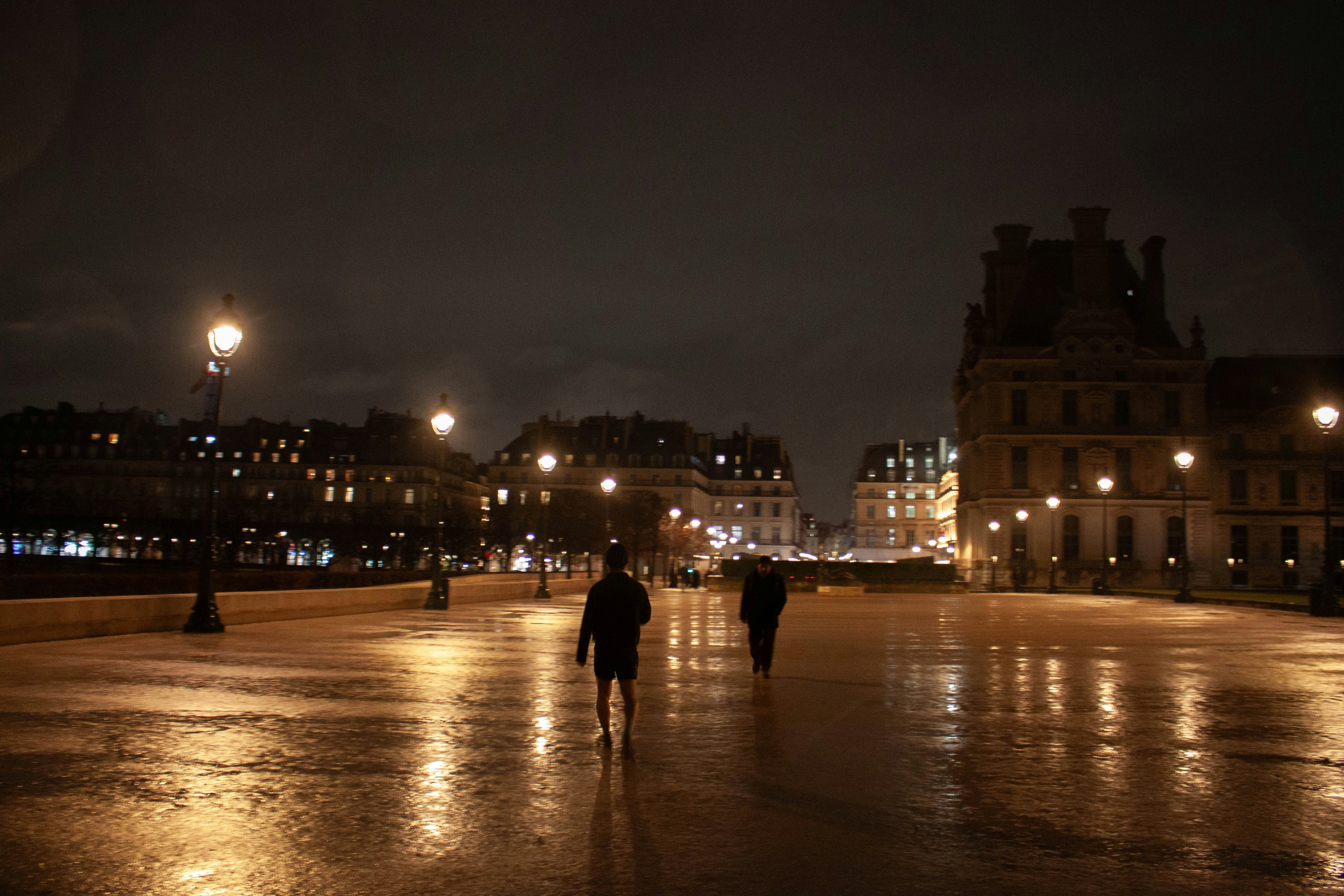 Night silhouettes on rain-washed Pont Neuf-esque plaza under amber streetlights