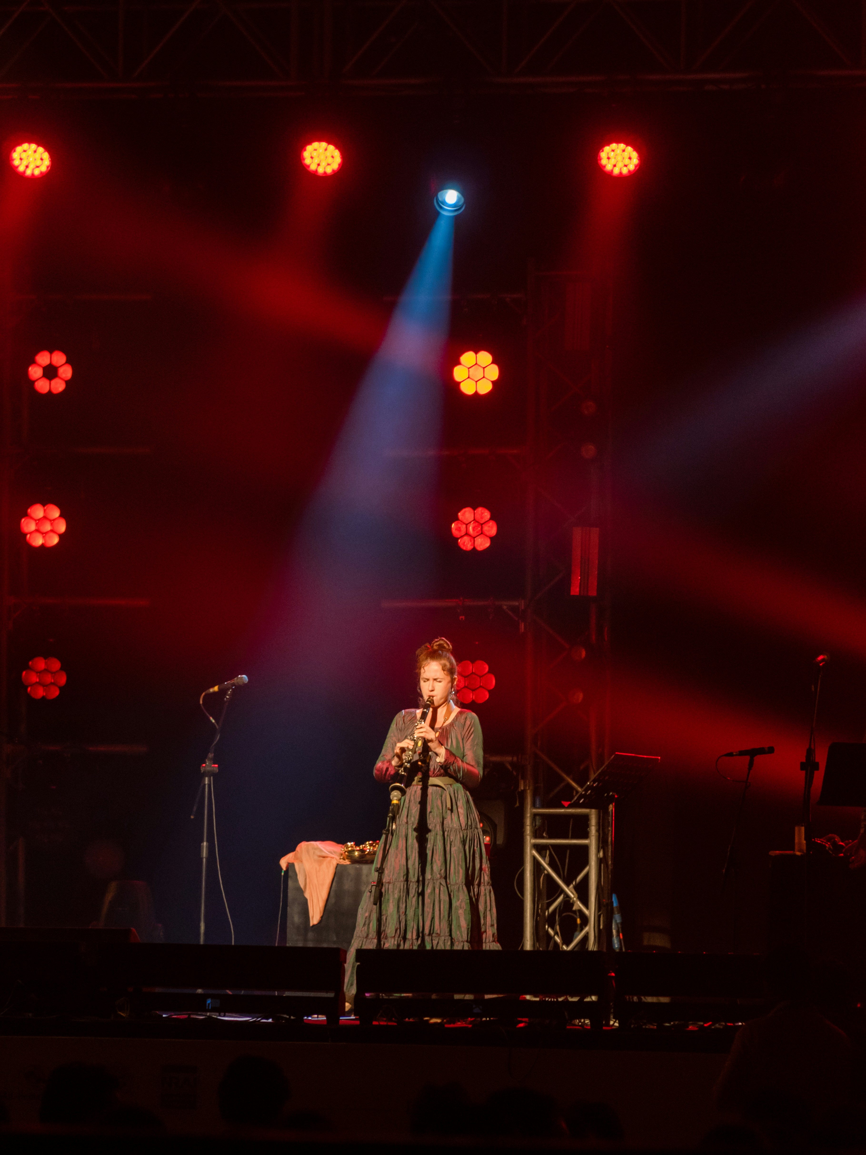 Spotlight Solo: A Vocal Performance Under Red and Blue Stage Lights