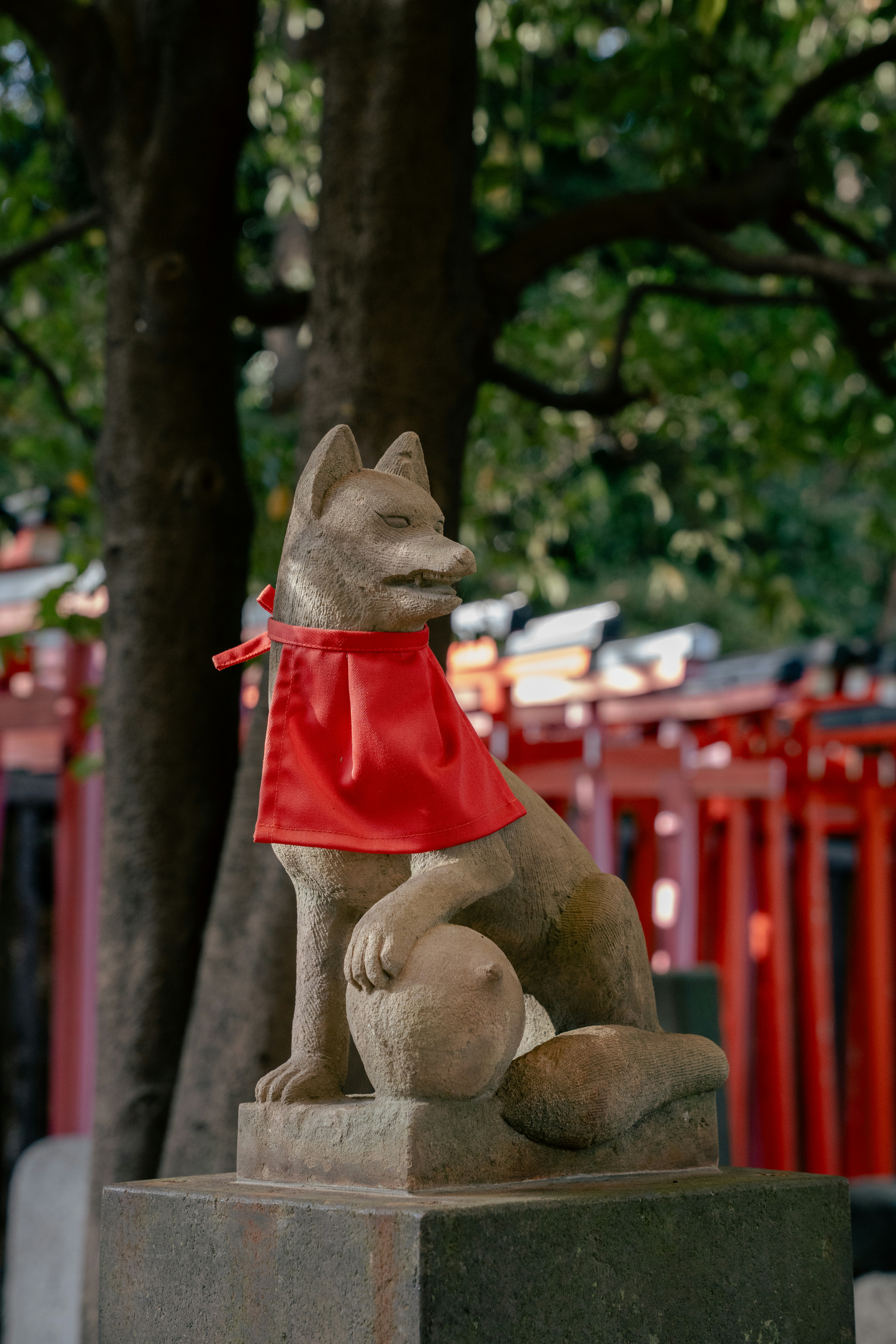 Red-Banded Guardian: A Stone Fox Beneath Lantern-Fired Foliage