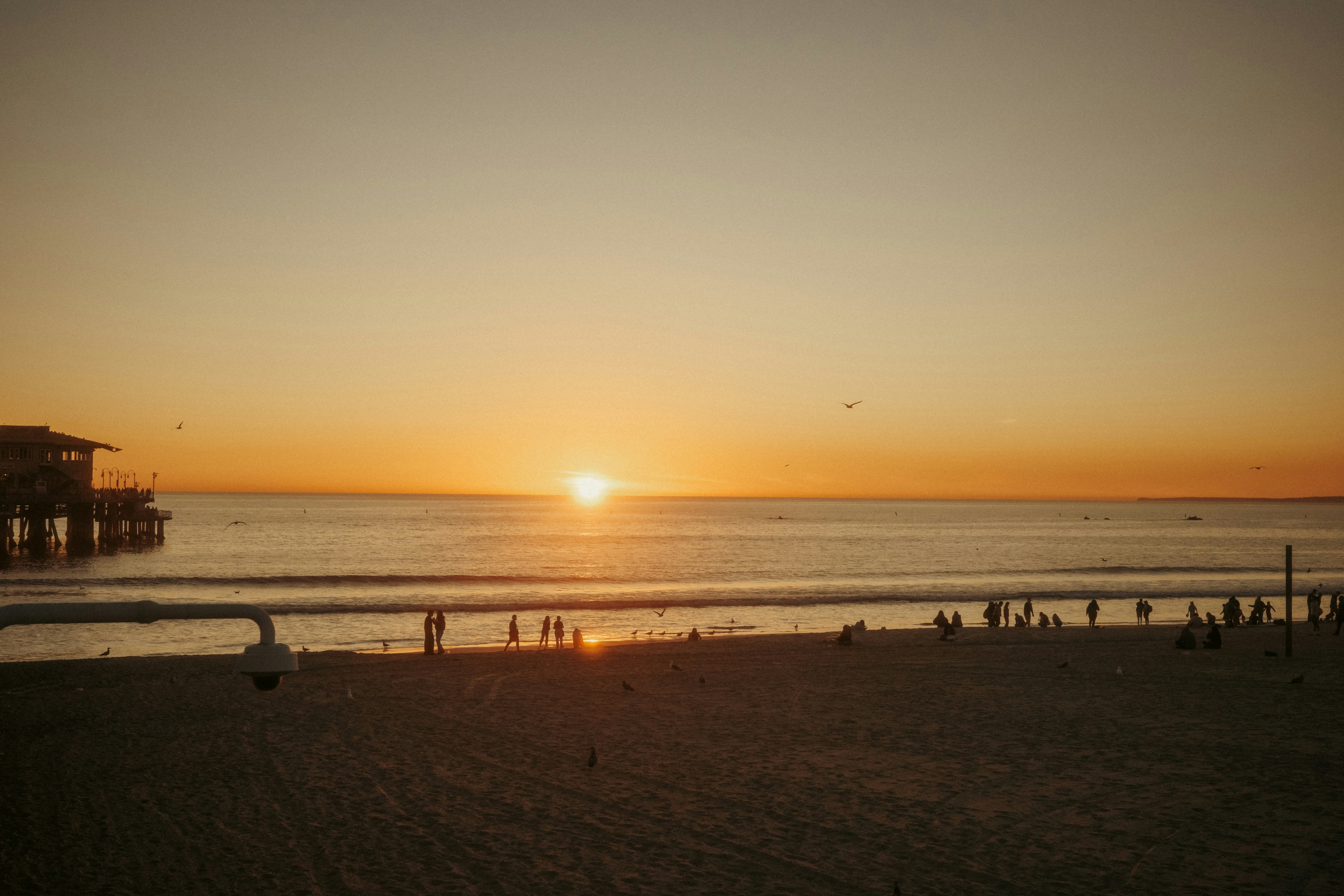 Sunlit shoreline at golden hour with distant pier silhouette
