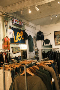 Shopfront Layers: A Vintage Jacket Haven in Warm Light