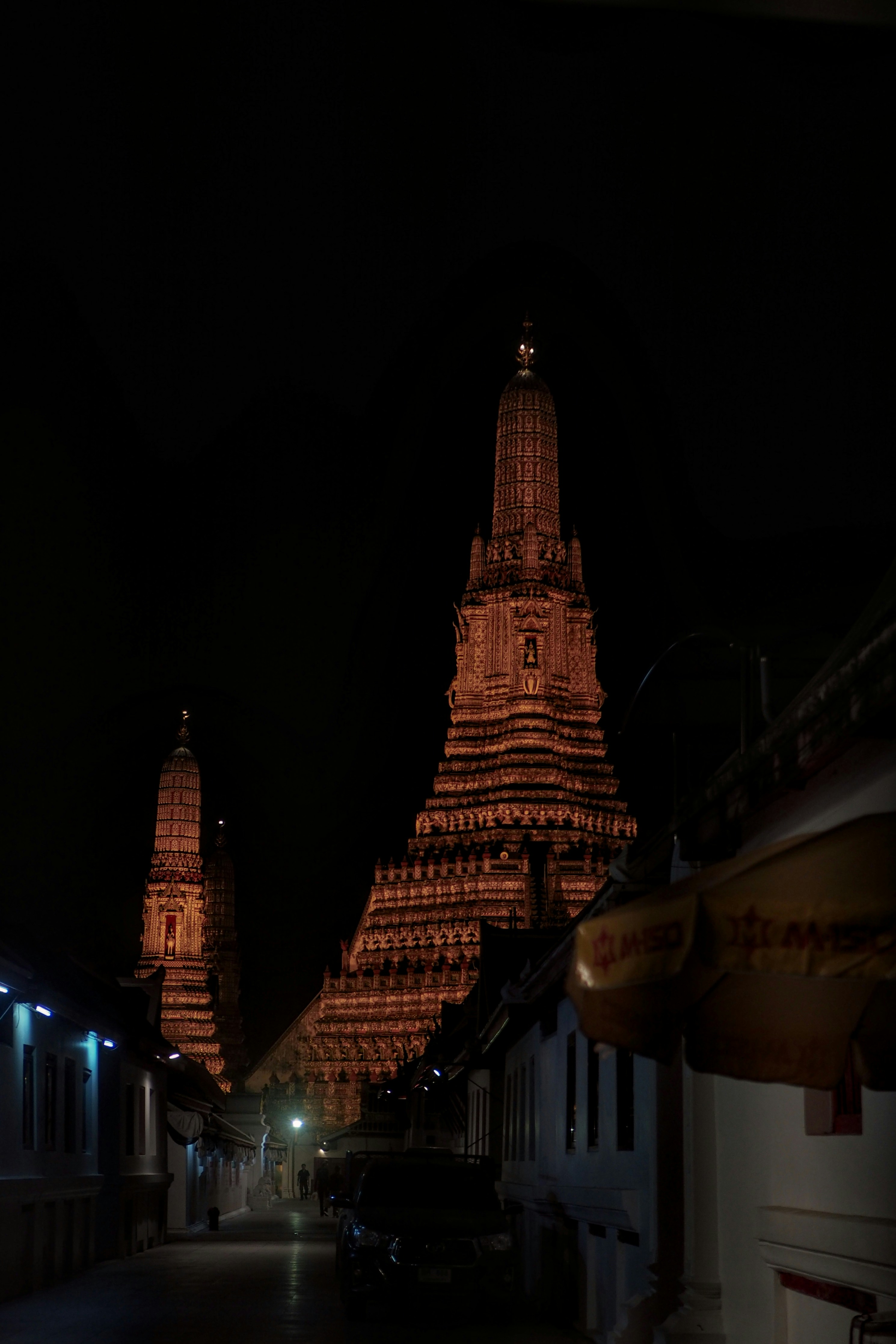 Temple Towers Under Nightfall: Illumination and Shadow in a Quiet Alley