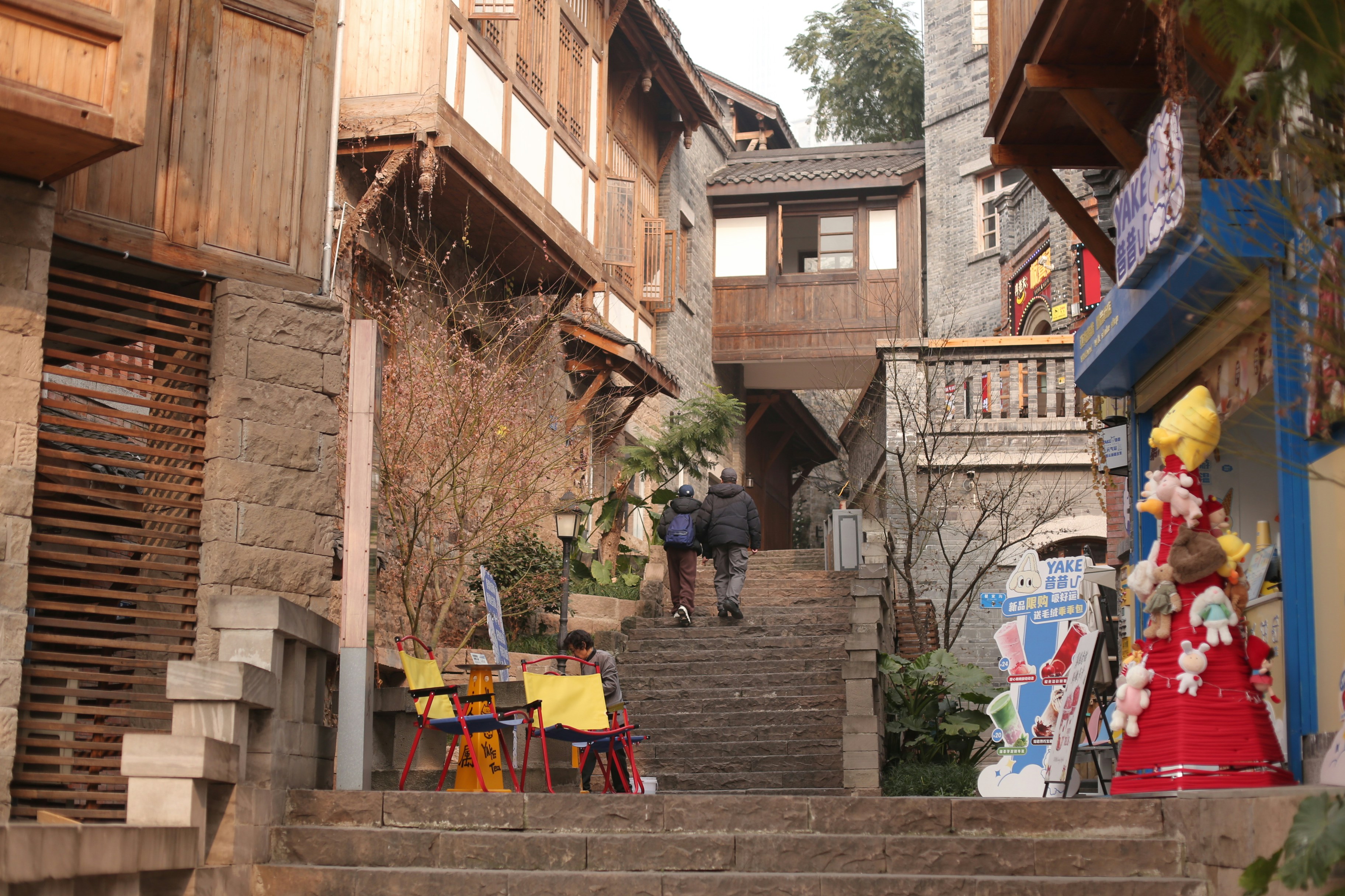 Stone Stairway Through a Cozy Village of Timber and Stone