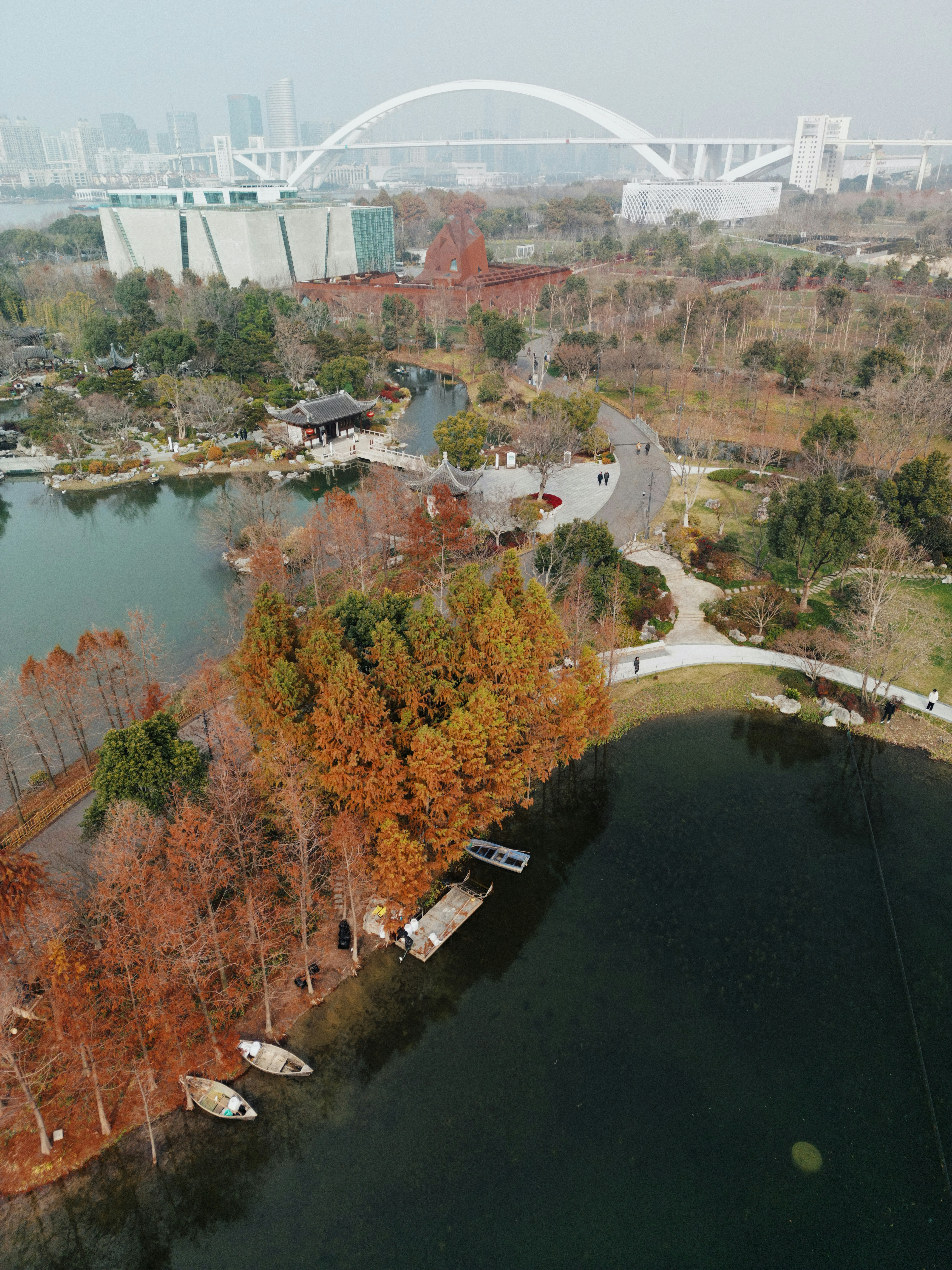 Autumn Arboretum Overlake: Aerial View of a Serene Park with a Modern Bridge