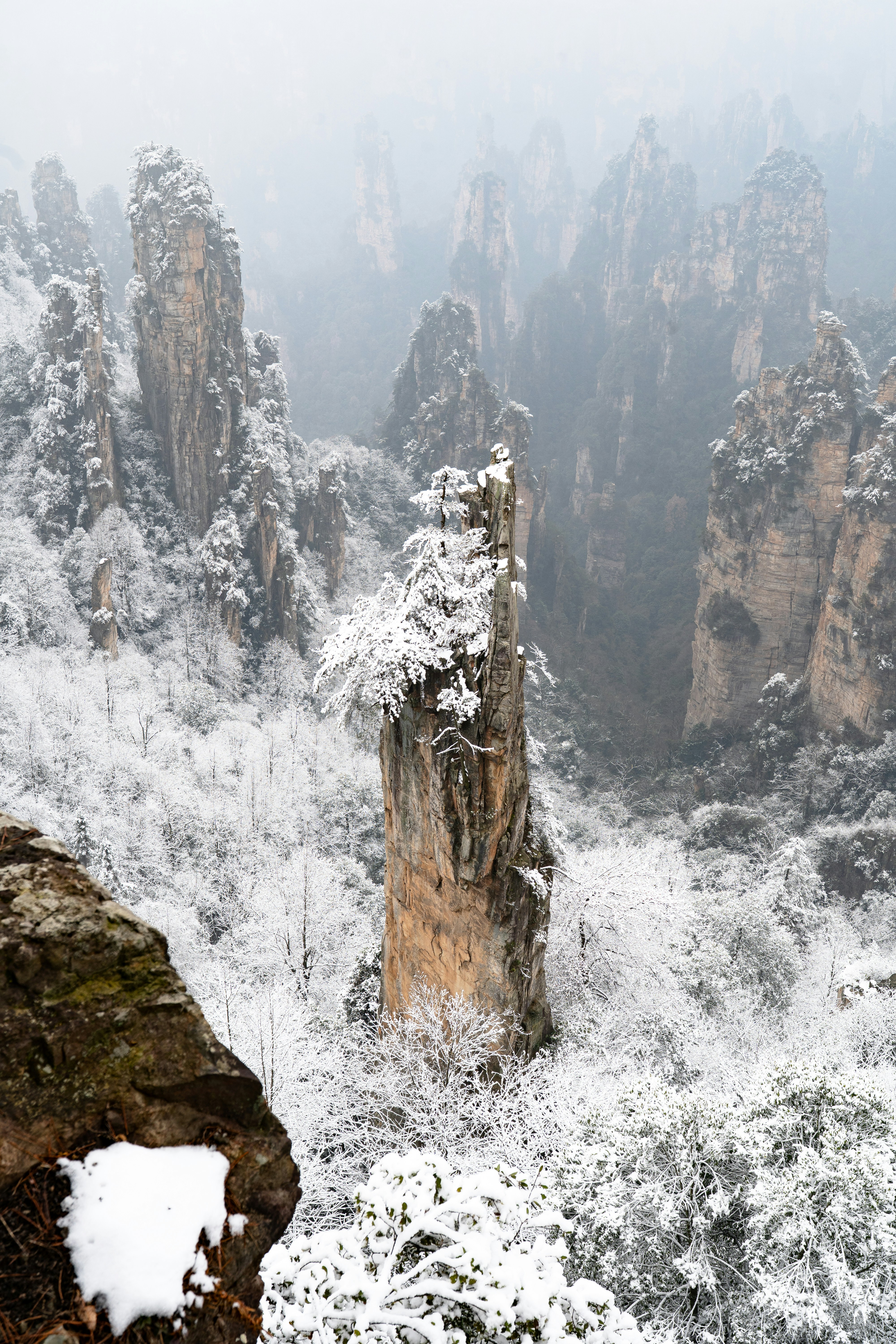 Snow-Crowned Spire Rising Above a Frosted Canyon