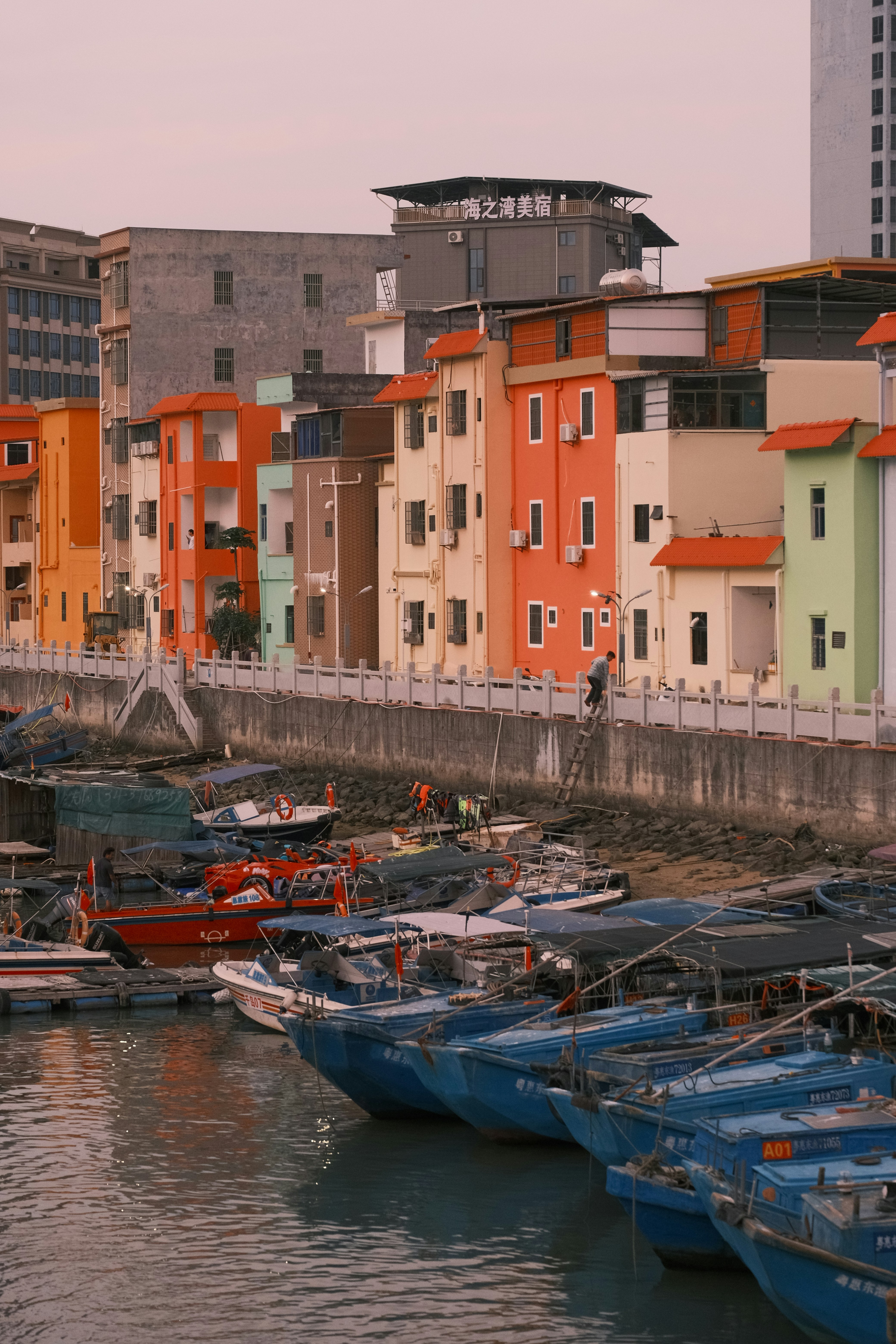 Colorful waterfront row houses rise along a calm quay lined with moored boats