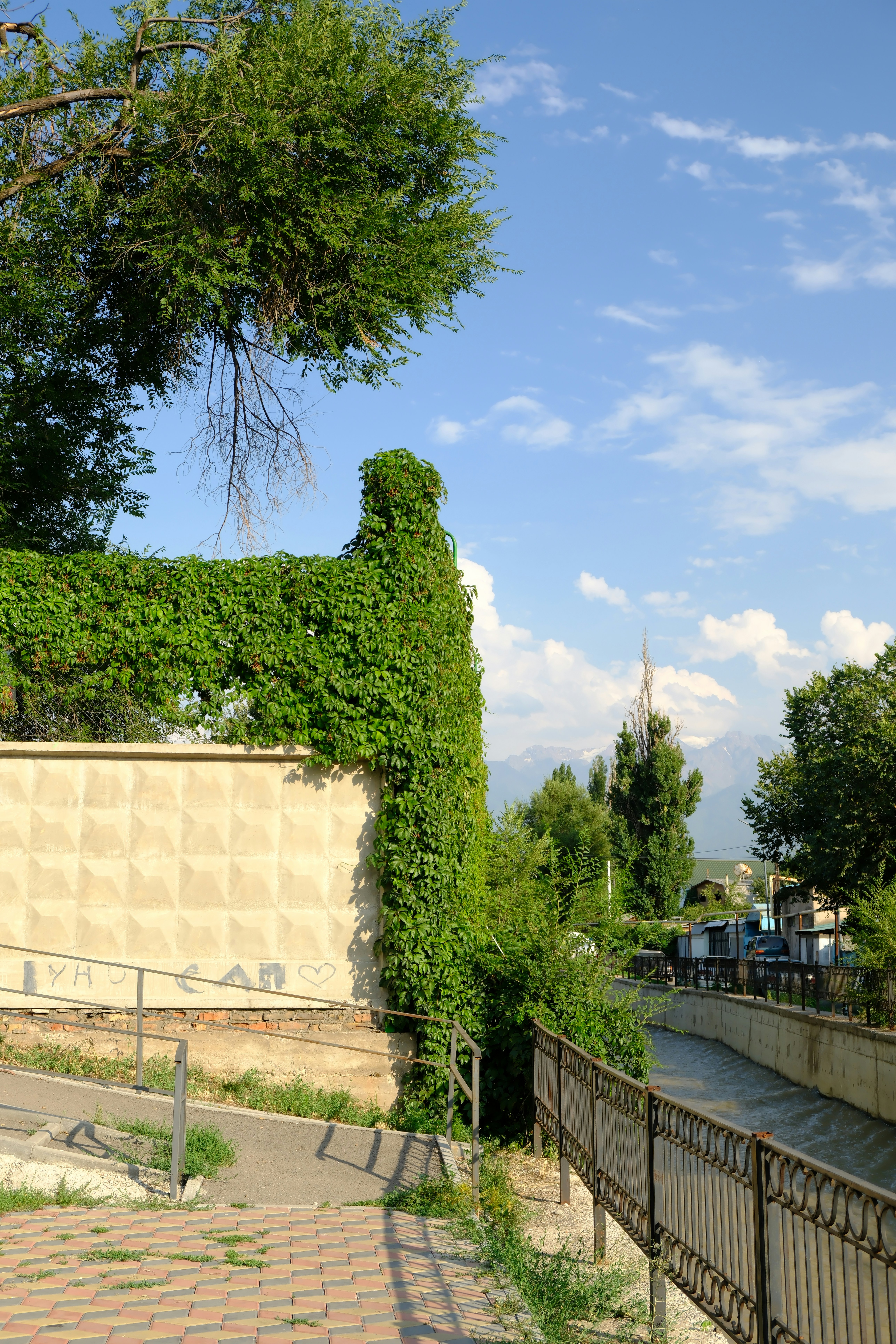 Ivy-clad wall and riverside pathway under a bright Mediterranean sky