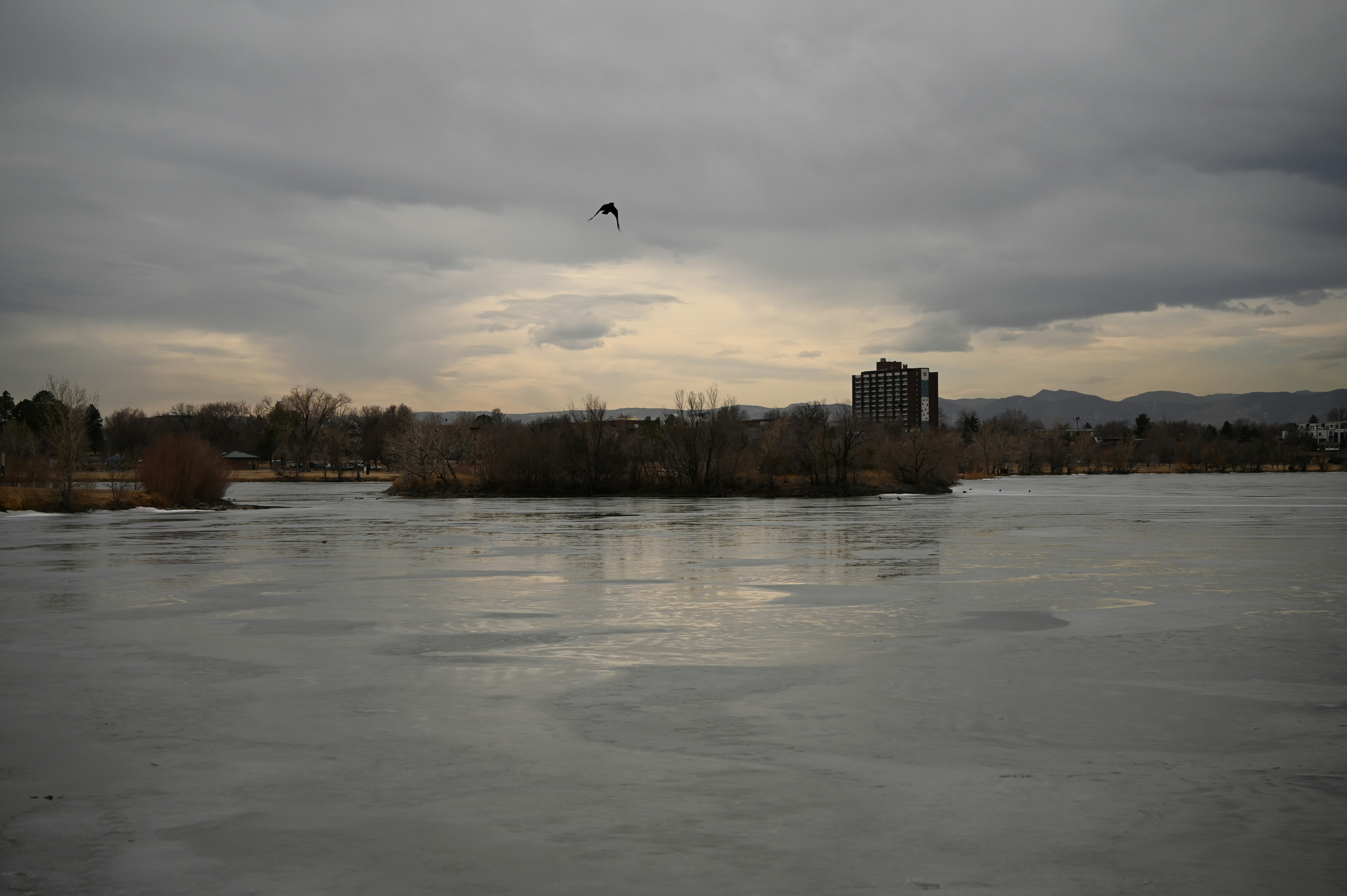 Distant Building Framed by a Gloomy Riverfront