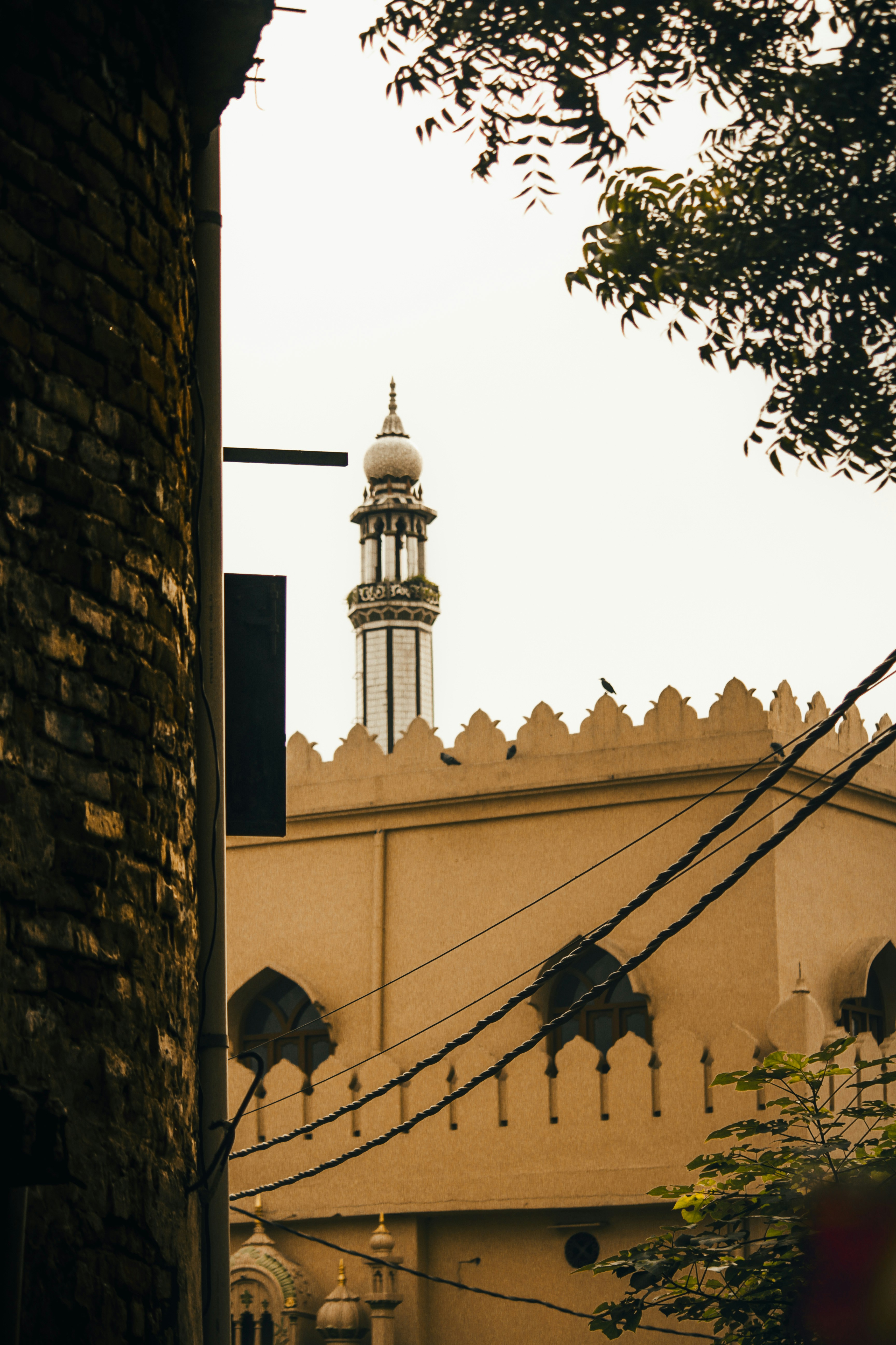 Minaret of Light peeking over a sunlit courtyard wall