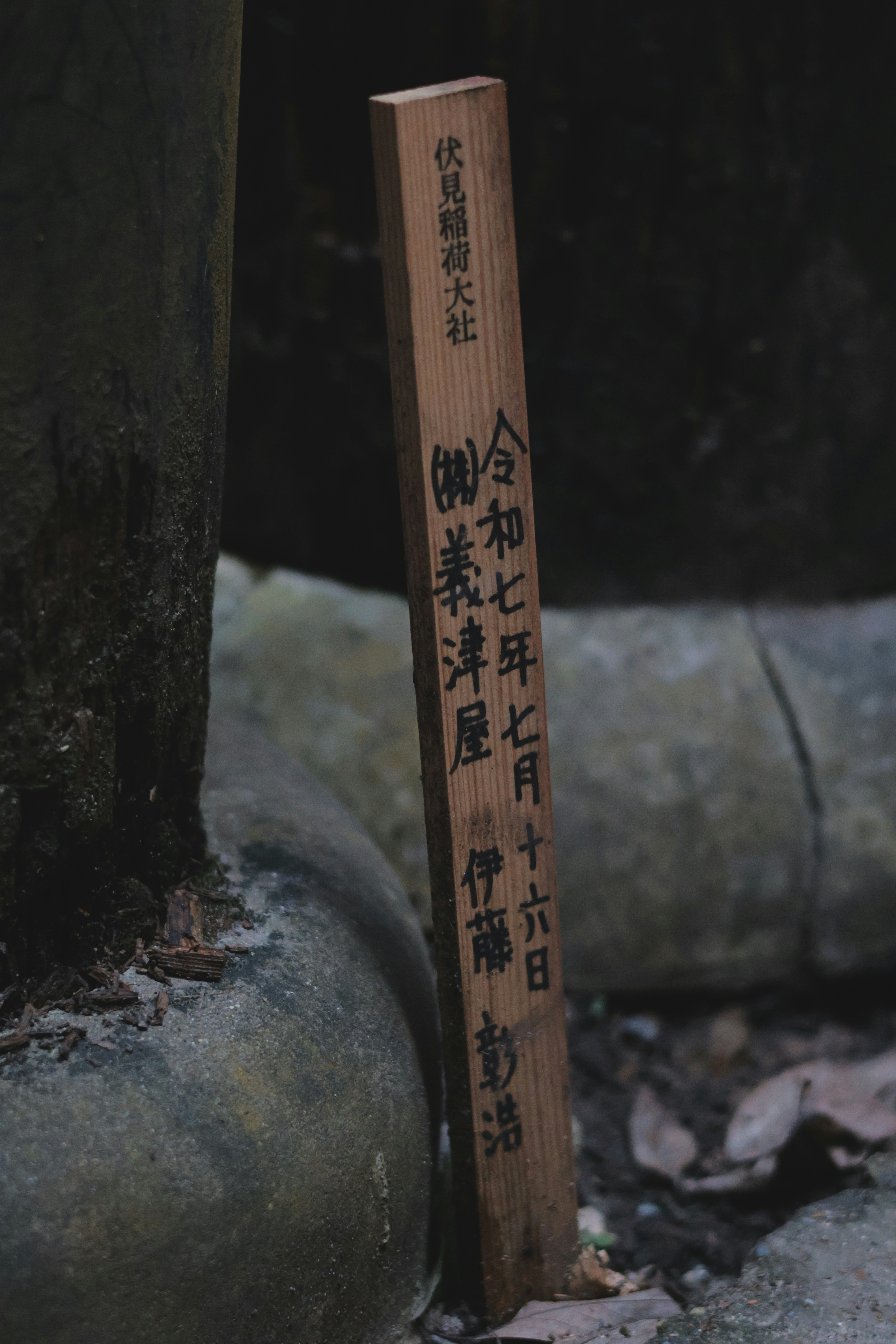 Weathered wooden marker standing beside mossy stone, inscribed in Japanese characters