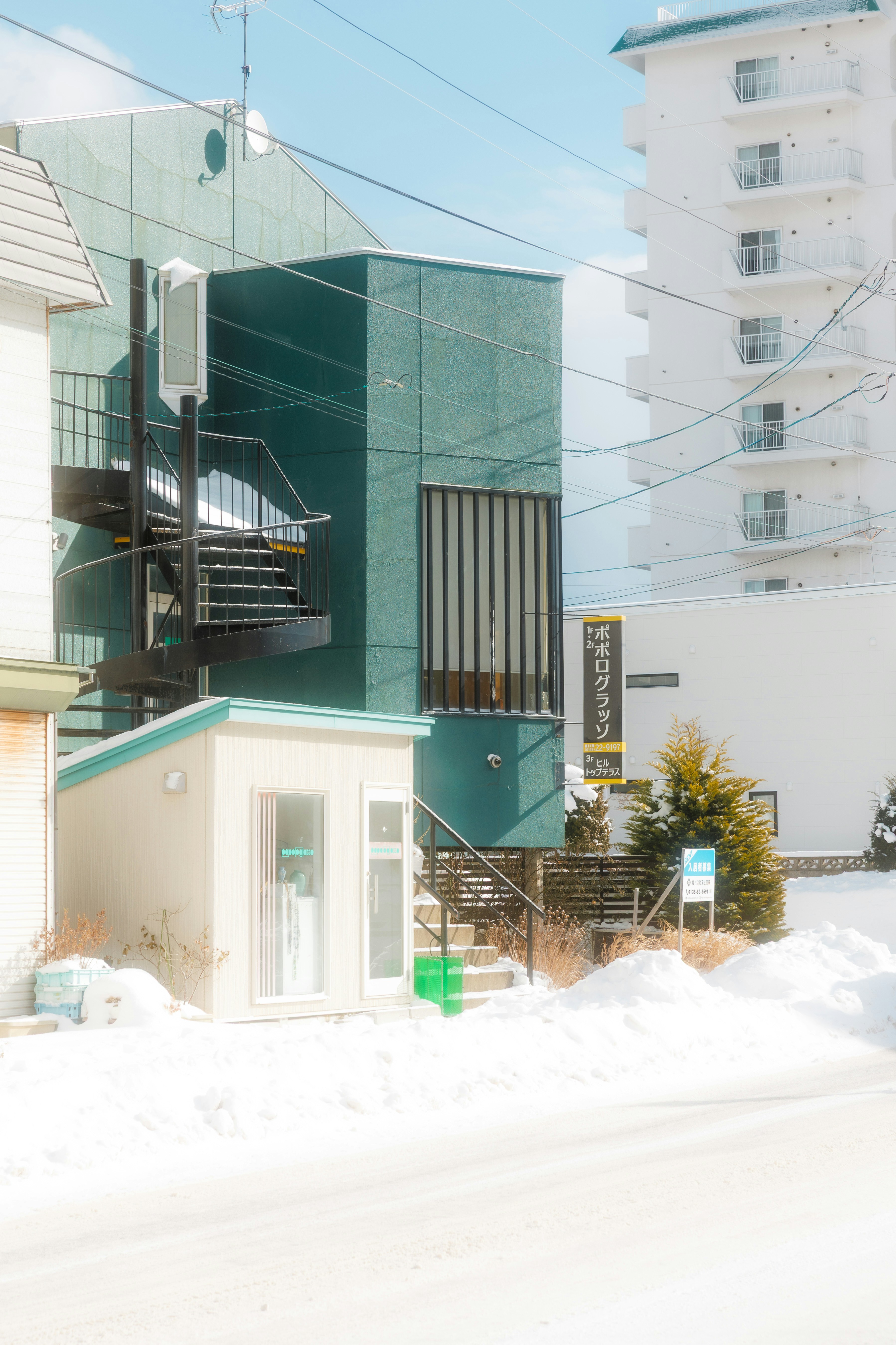 Snowy Corner: Modern Green Facade Meets Quiet Street