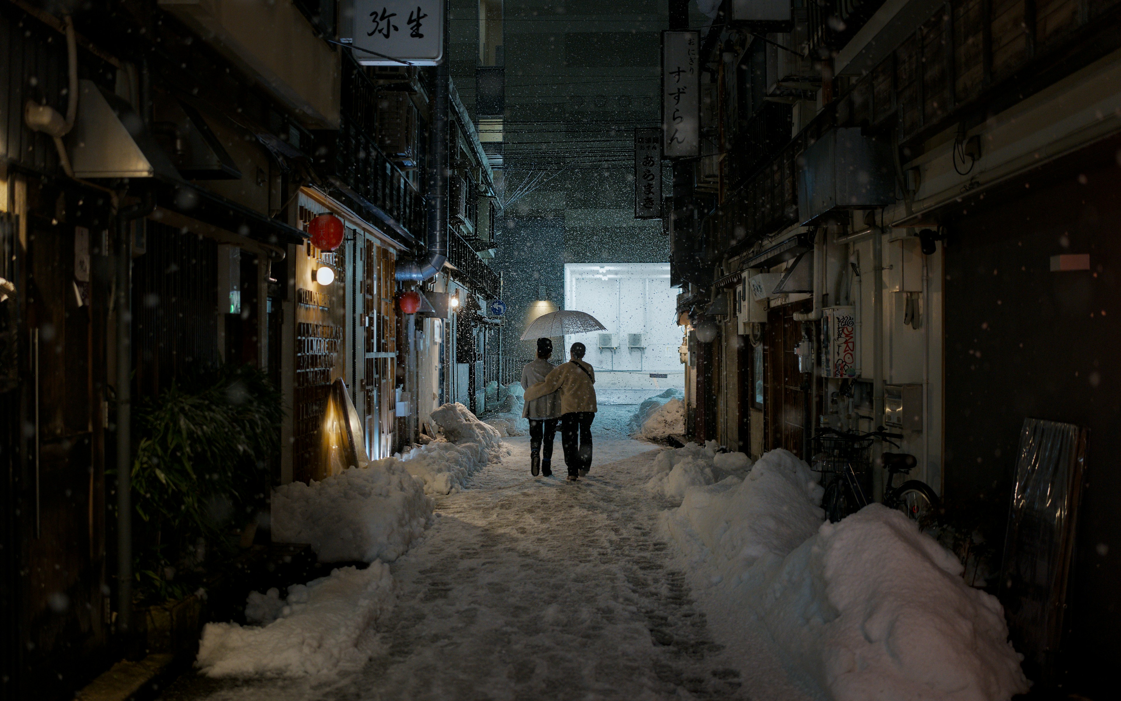 Snowbound Alley: Two Walkers Beneath Neon Snow