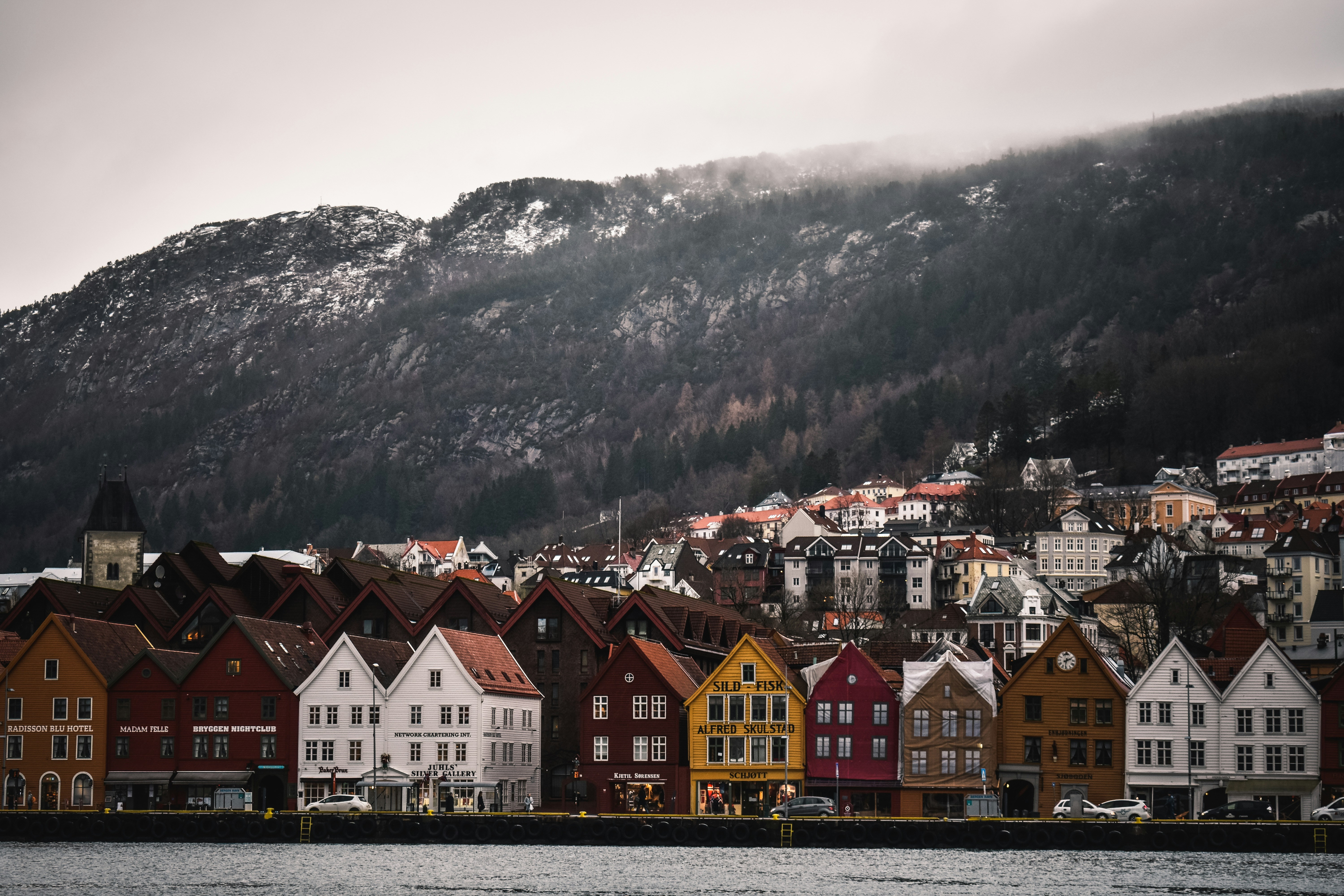 Colorful Row of Waterfront Houses with Mountain Backdrop