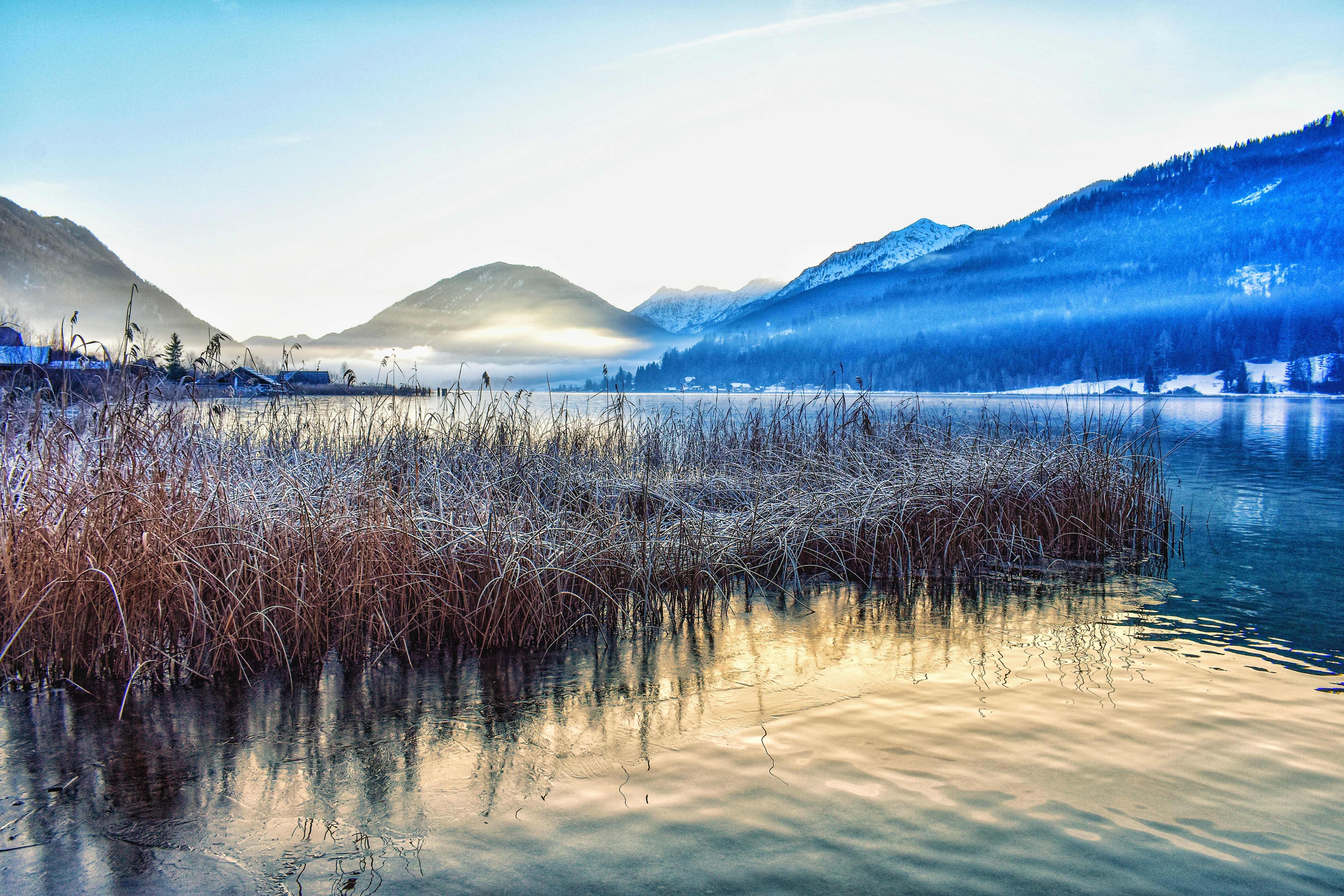 Glassy Lake Edge at Dawn, Beneath Snowy Ridge