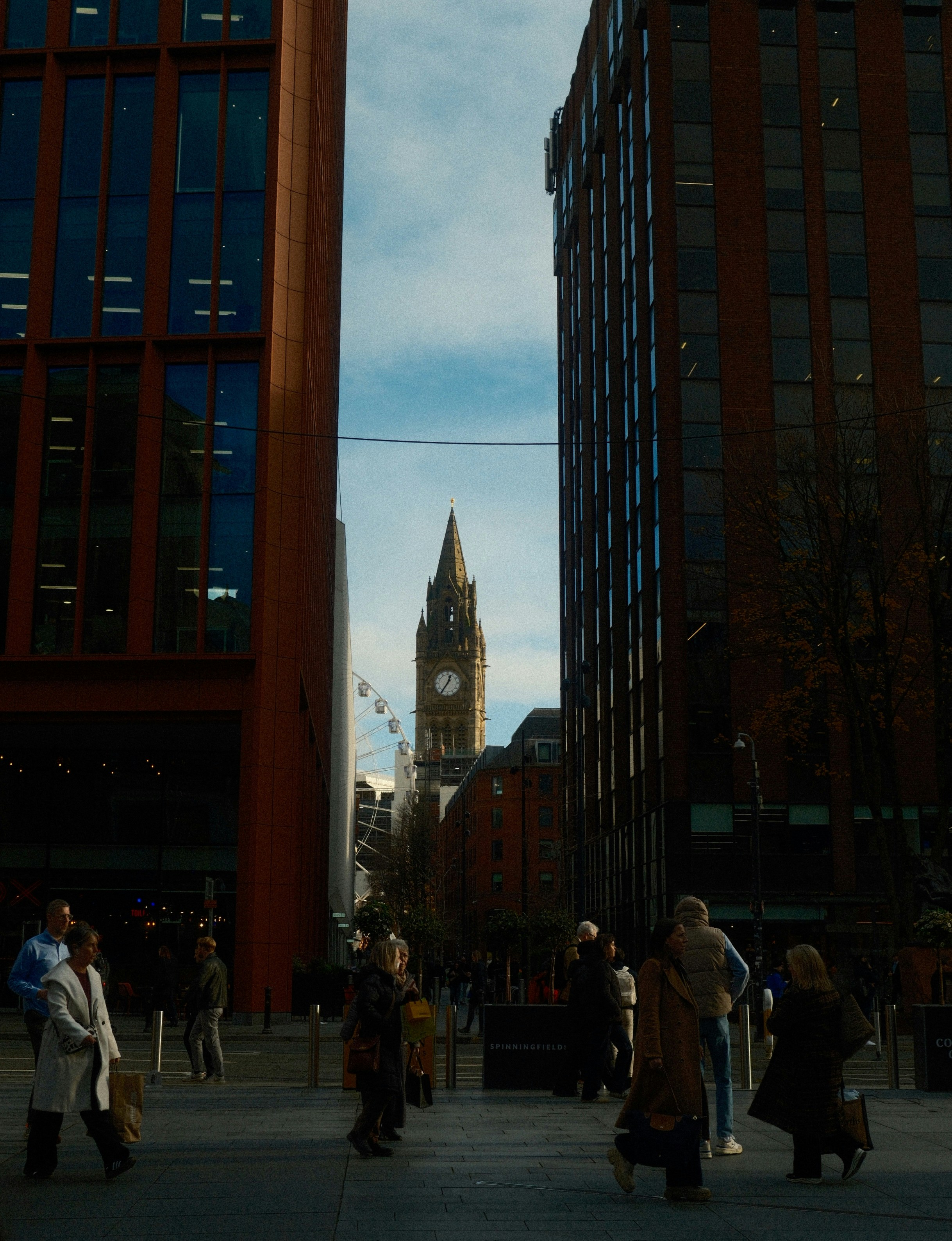 Clock Tower Framed Between Glass Giants