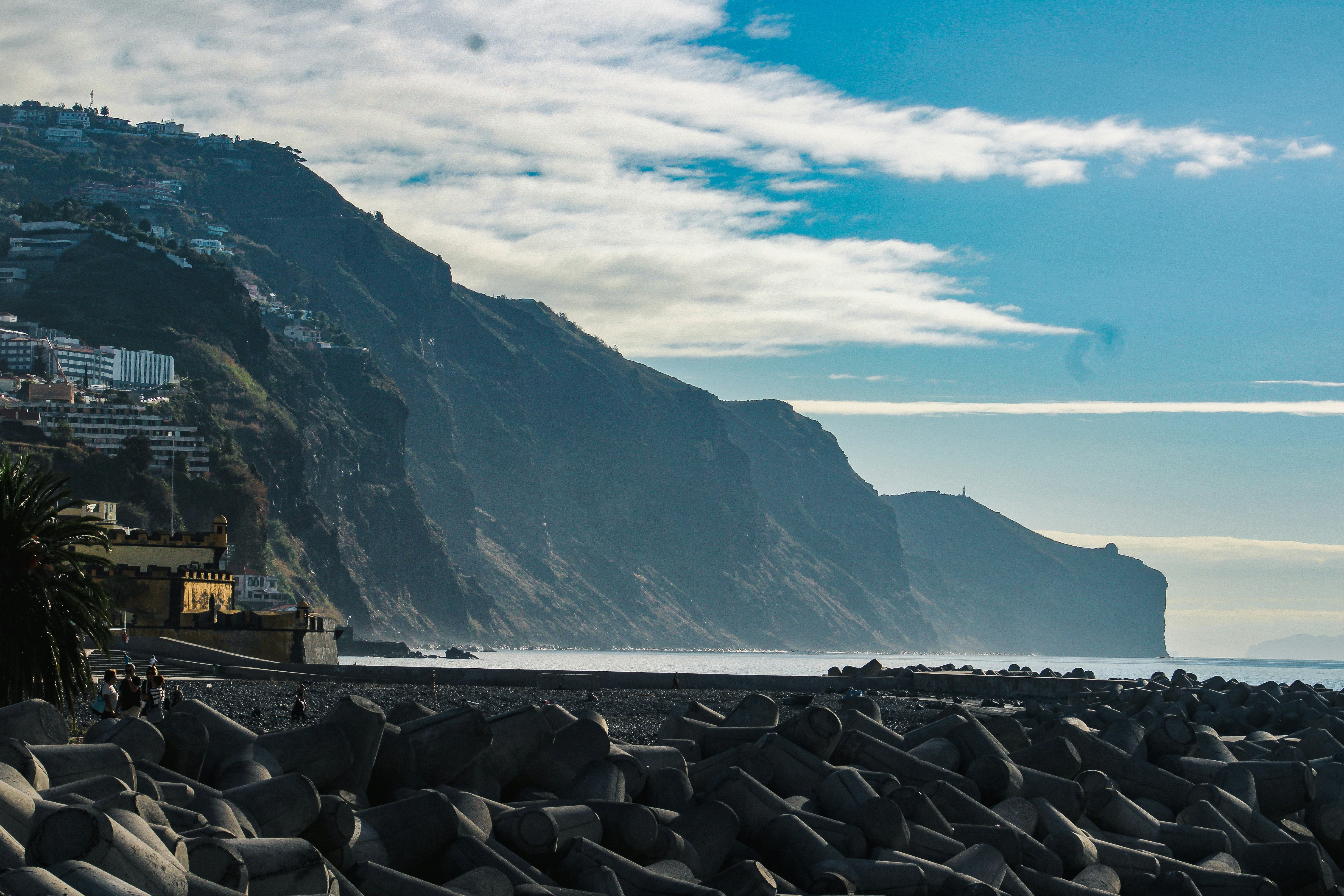 Coastal Cliffs and Pebble Stretch Under a Clear Sky