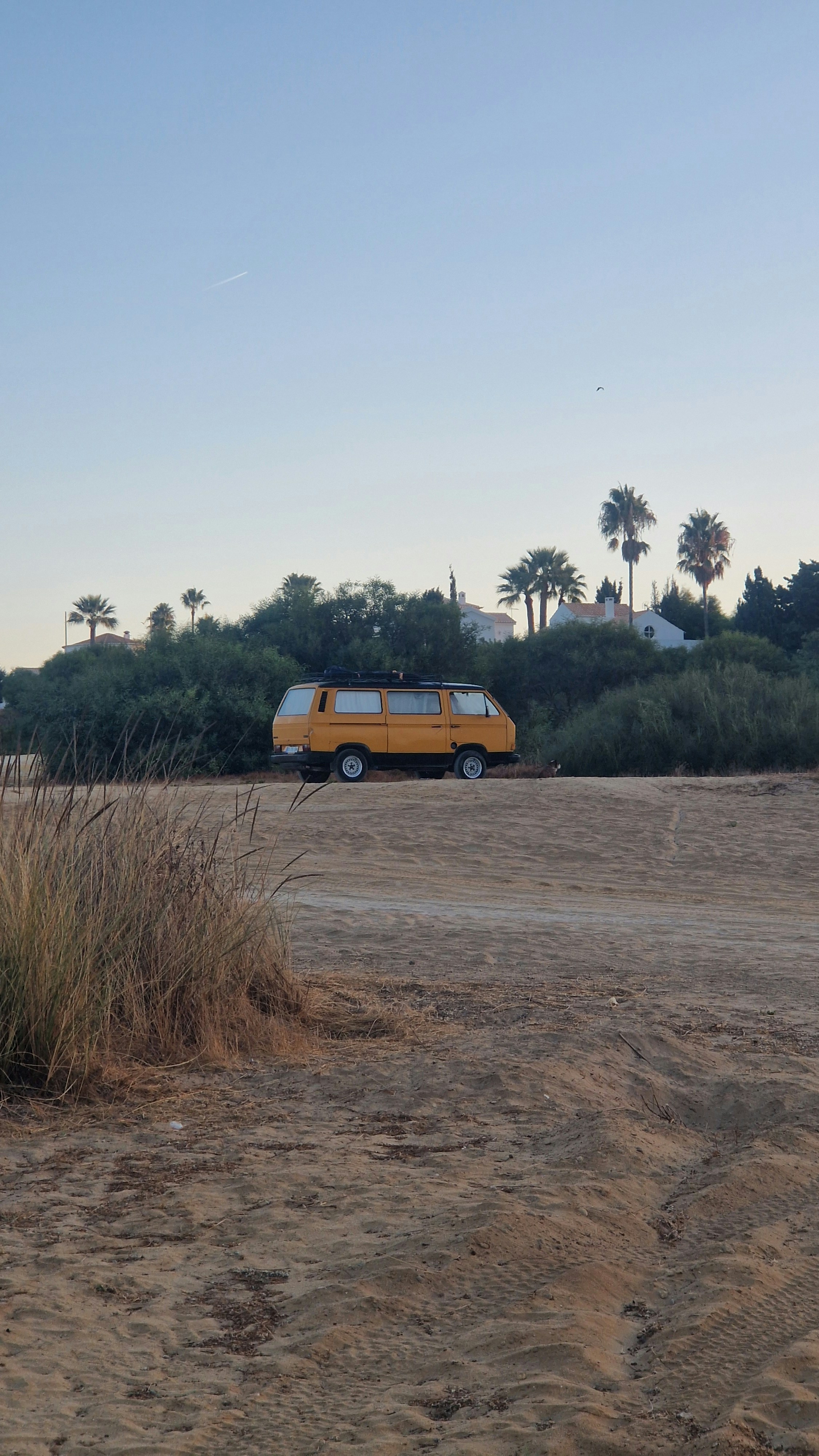 Yellow Camper Amid Coastal Dunes under Award-Worthy Sky