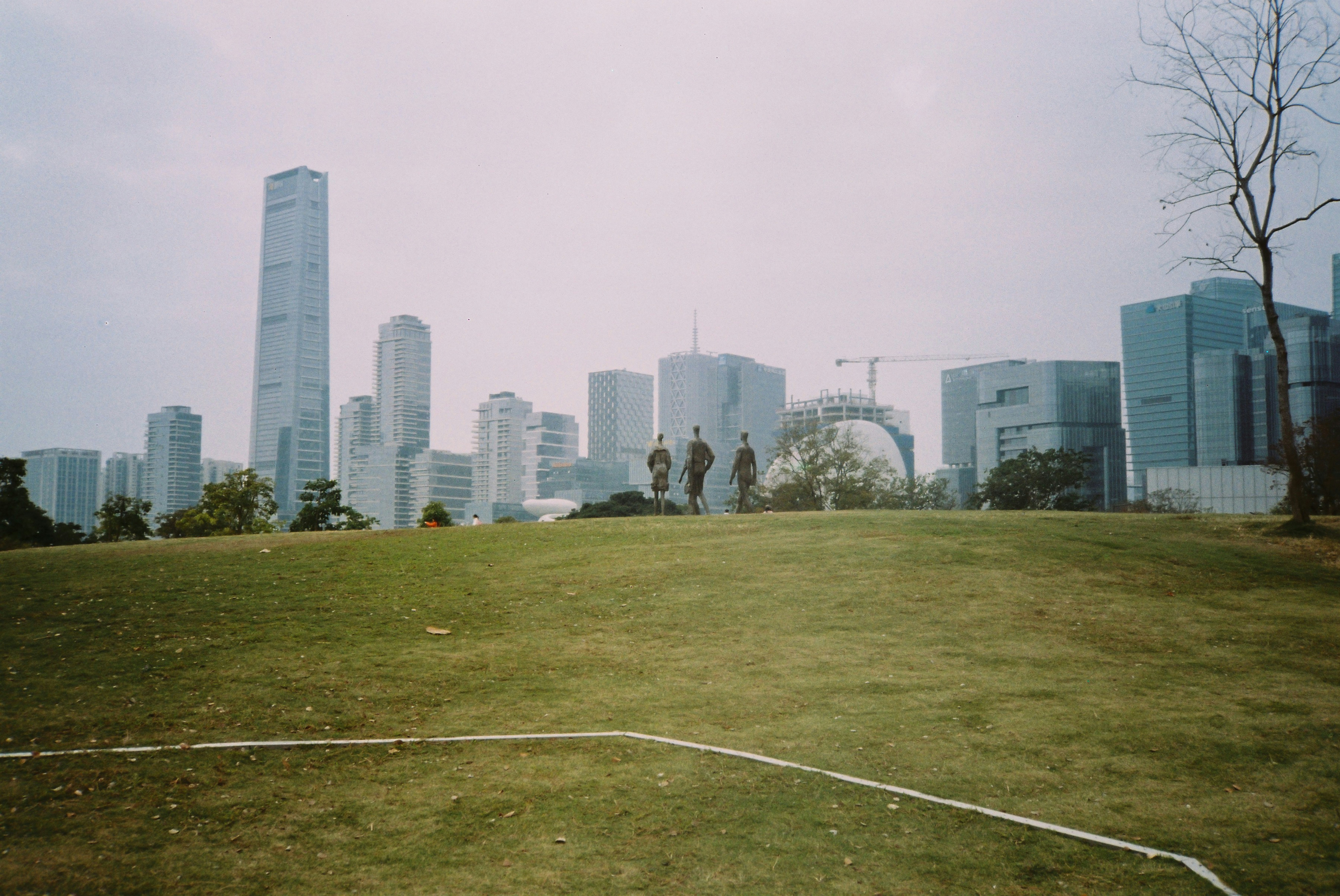 Three people stand on a grassy hill overlooking a cityscape.