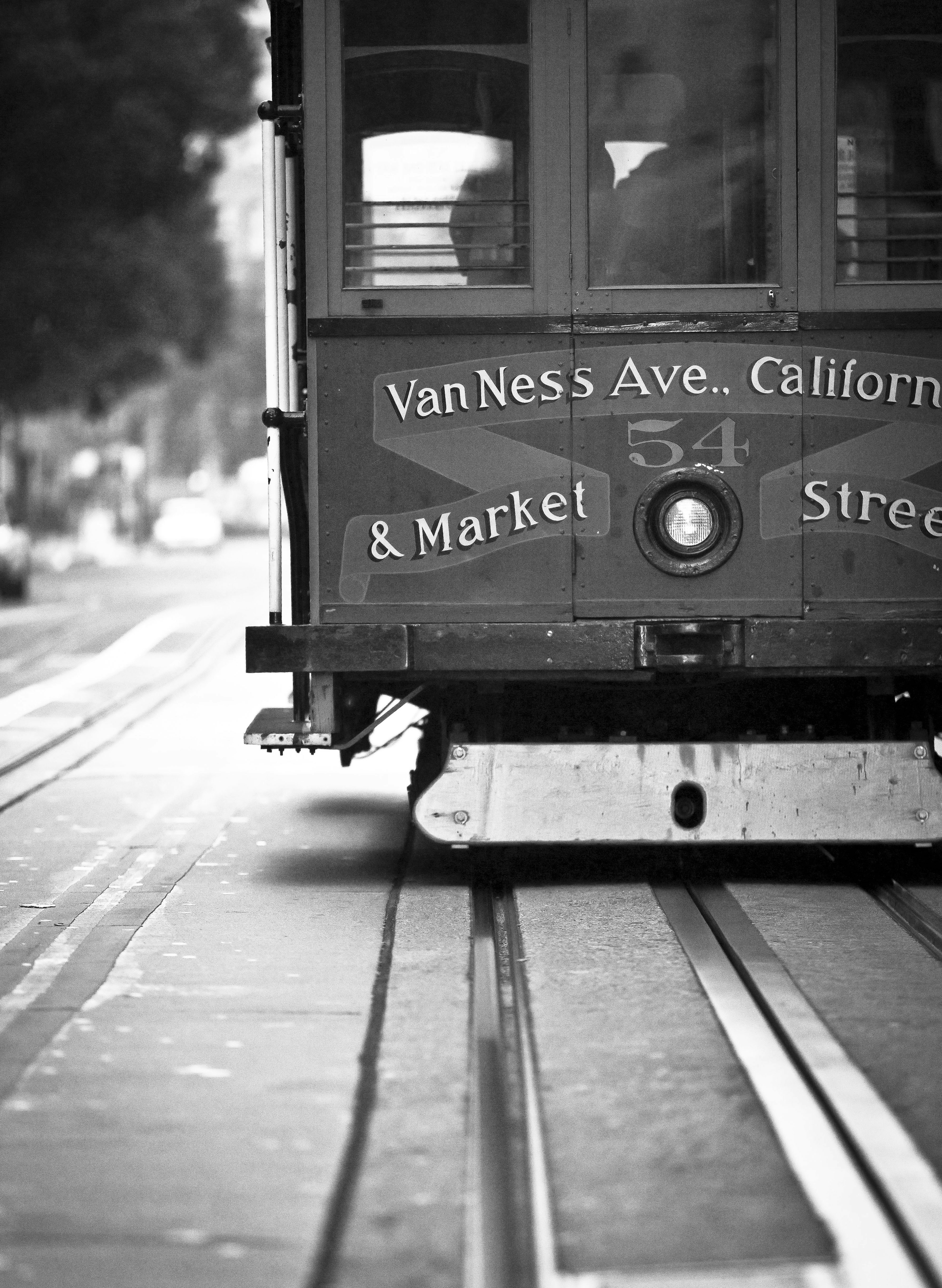 Front Carriage at Van Ness: A Timeless Black-and-White Tram Moment