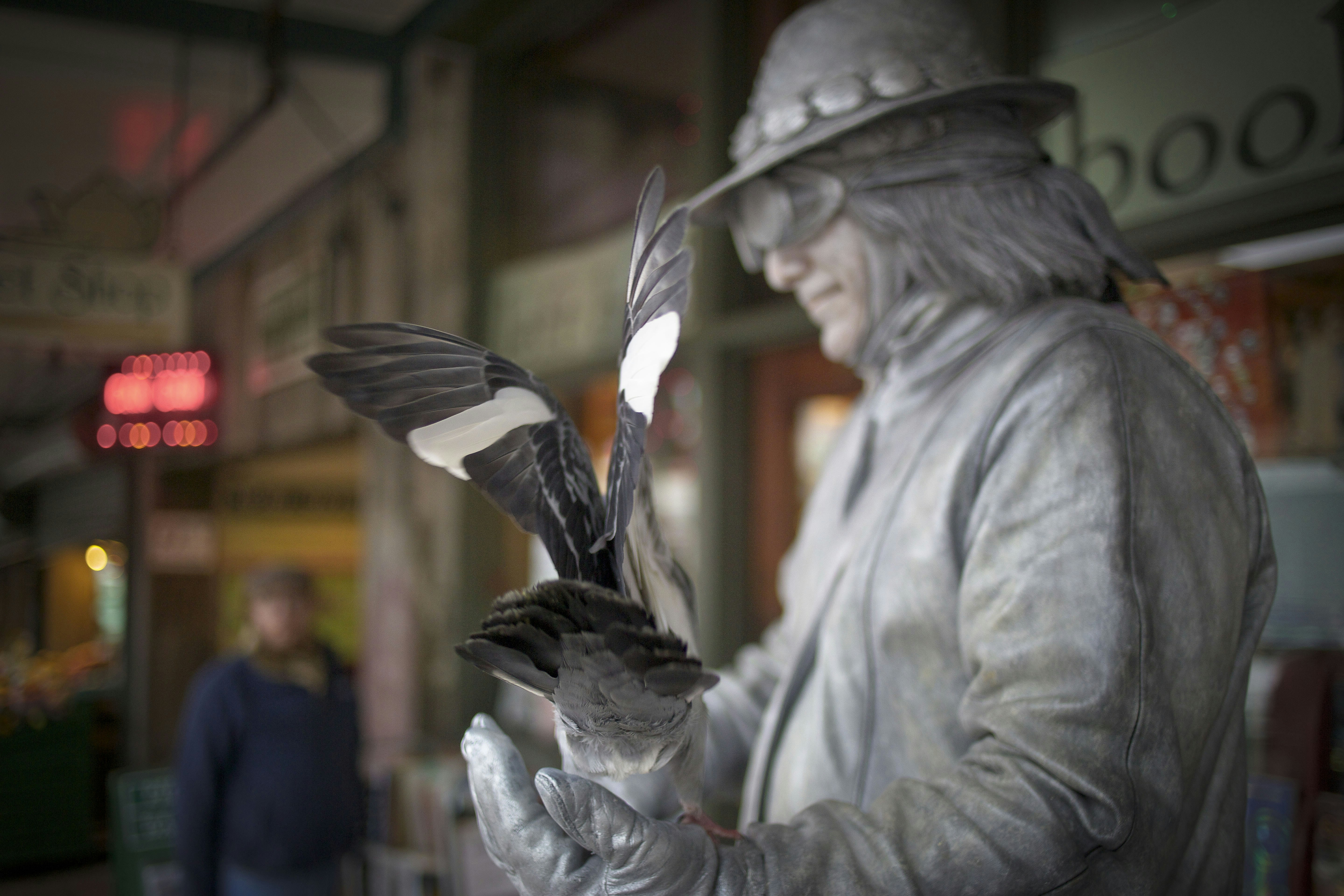Street performer in a ghostly gray suit releases a flock of birds in a city alley