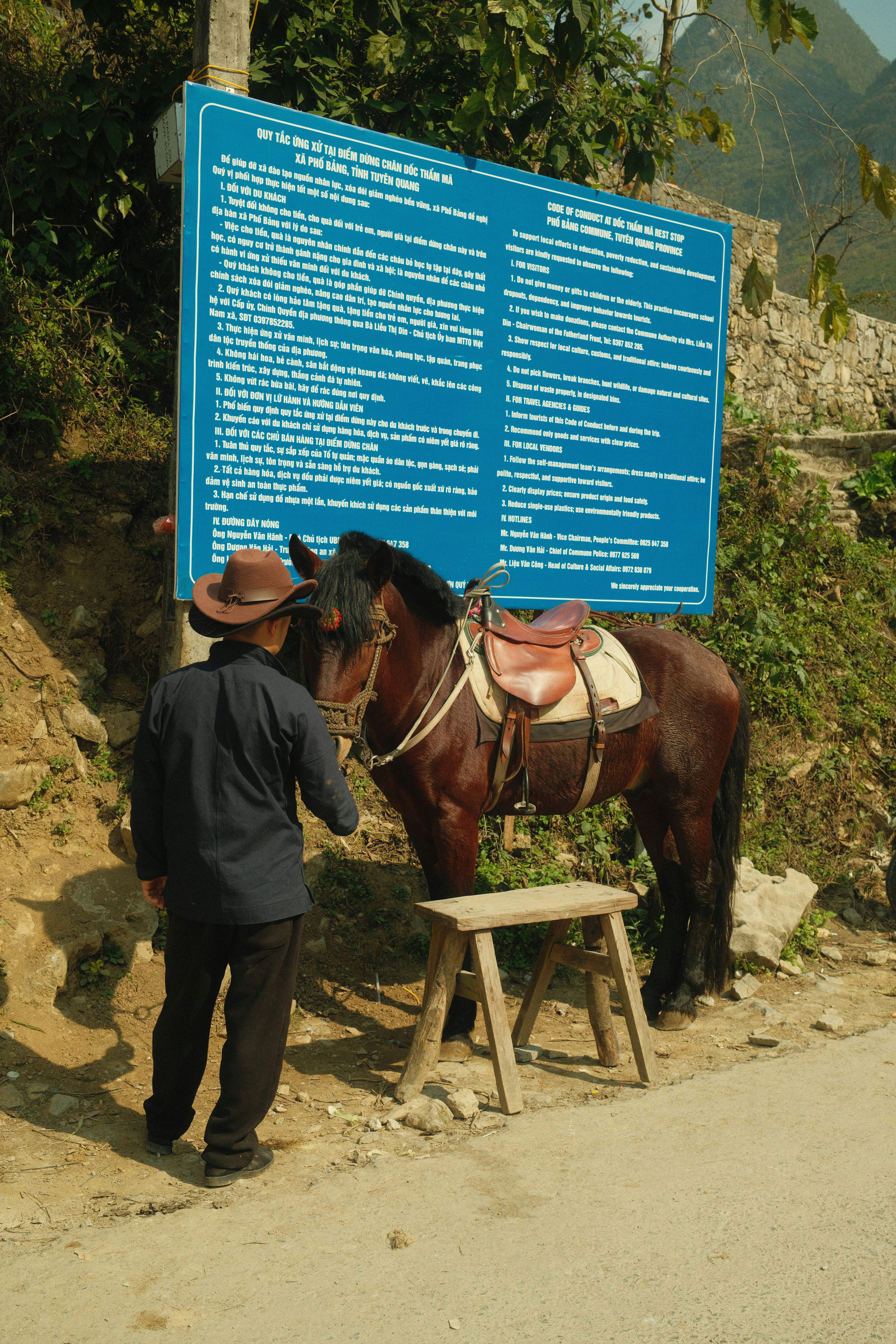 Horse, Signboard, and Guide: A Stop by the Trail