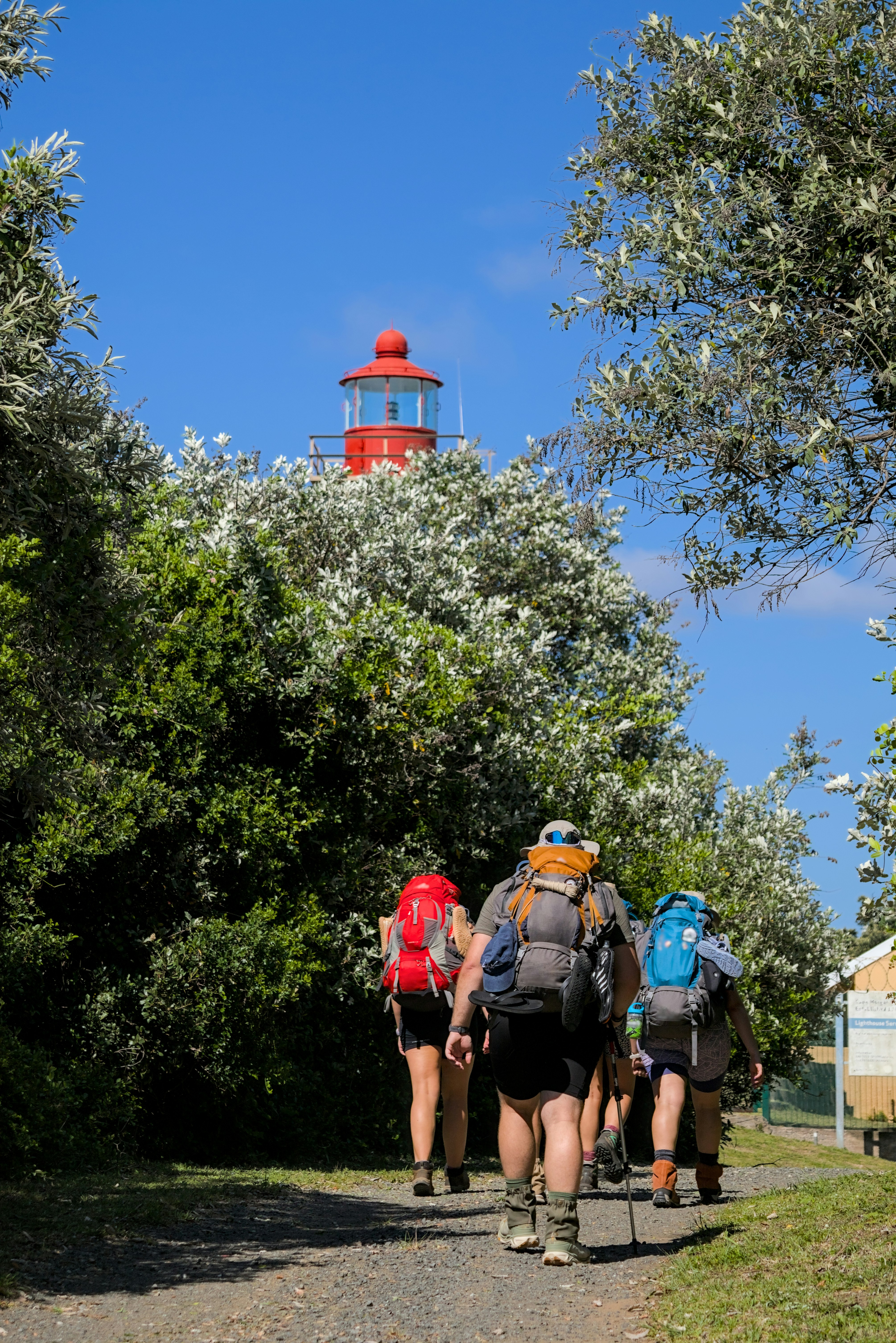 Hikers with a Red Lighthouse Vista
