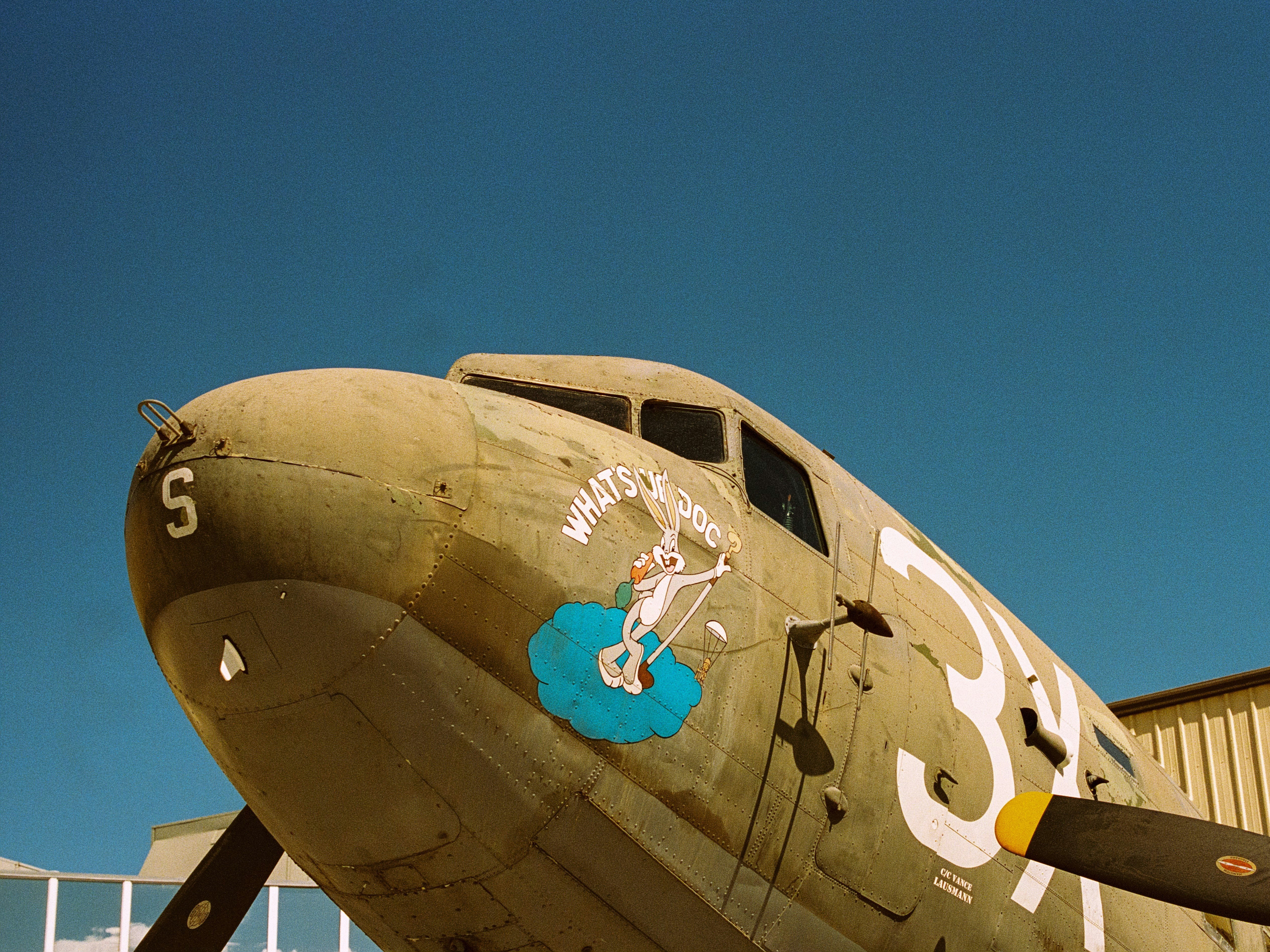 Whimsical Nose Cone: The Painted Warbird Poised Under Clear Skies