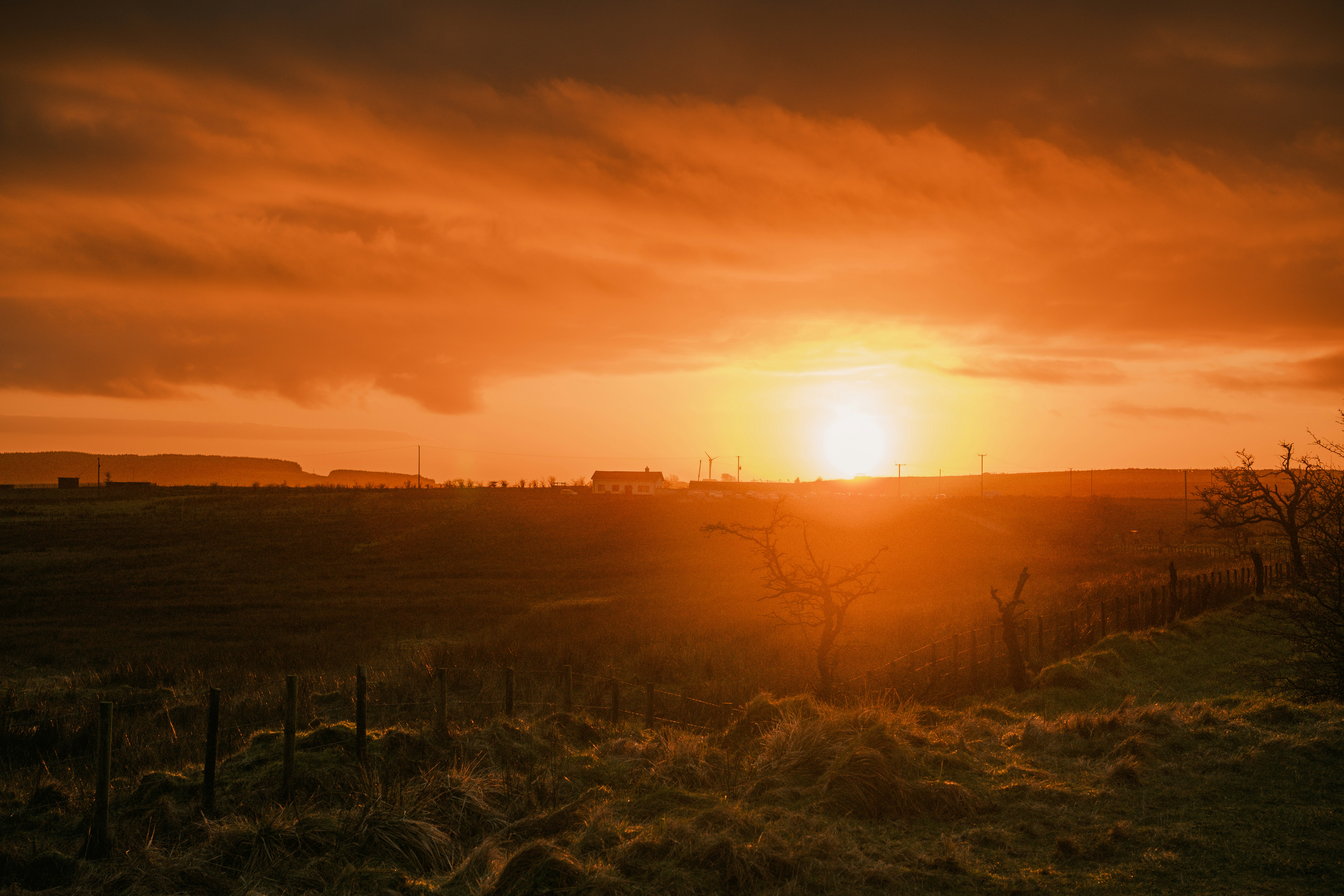 Distant Farm Horizon at Sunset with Warm Golden Light