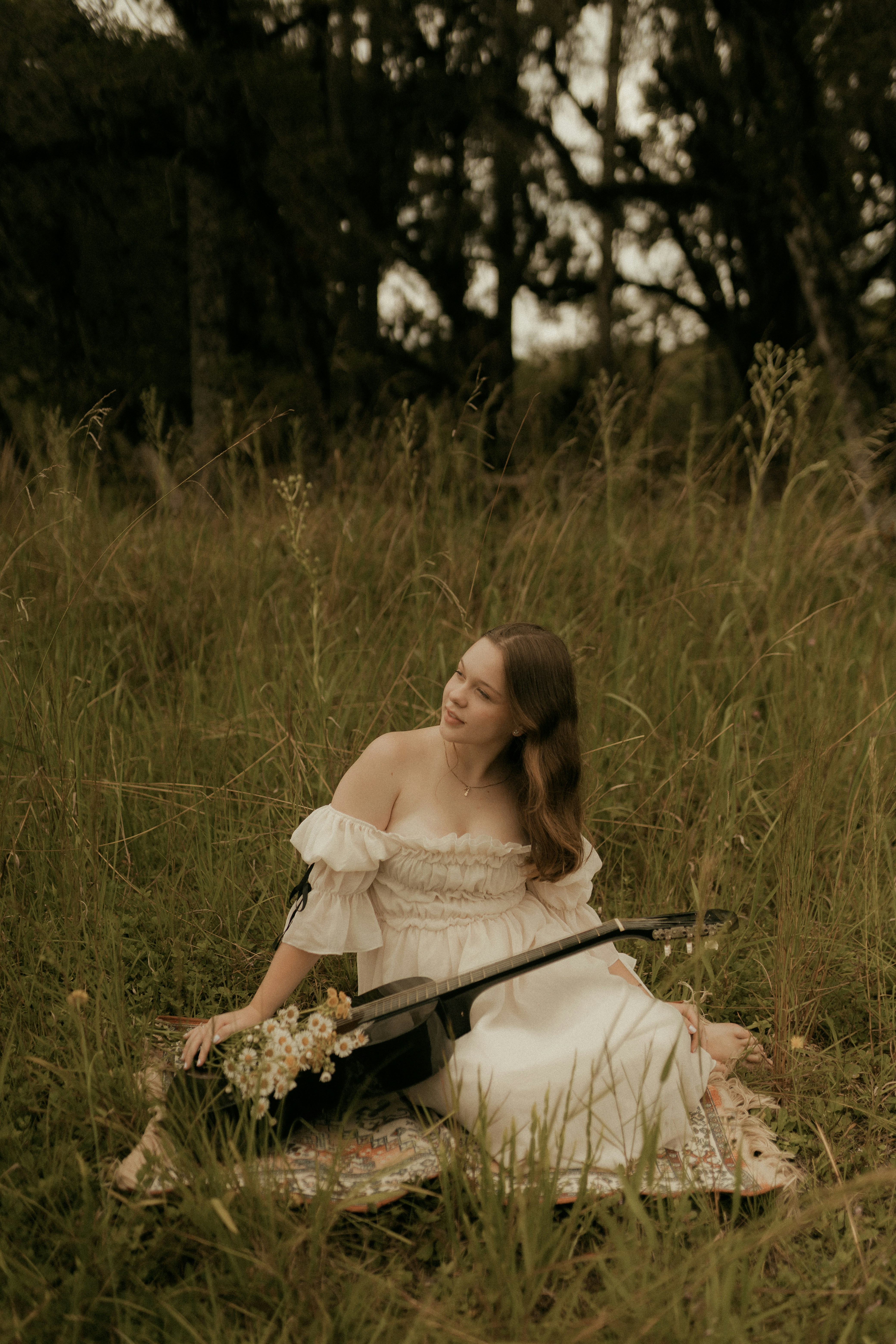  Meadow Portrait with Guitar and Bouquet Under Soft Evening Light