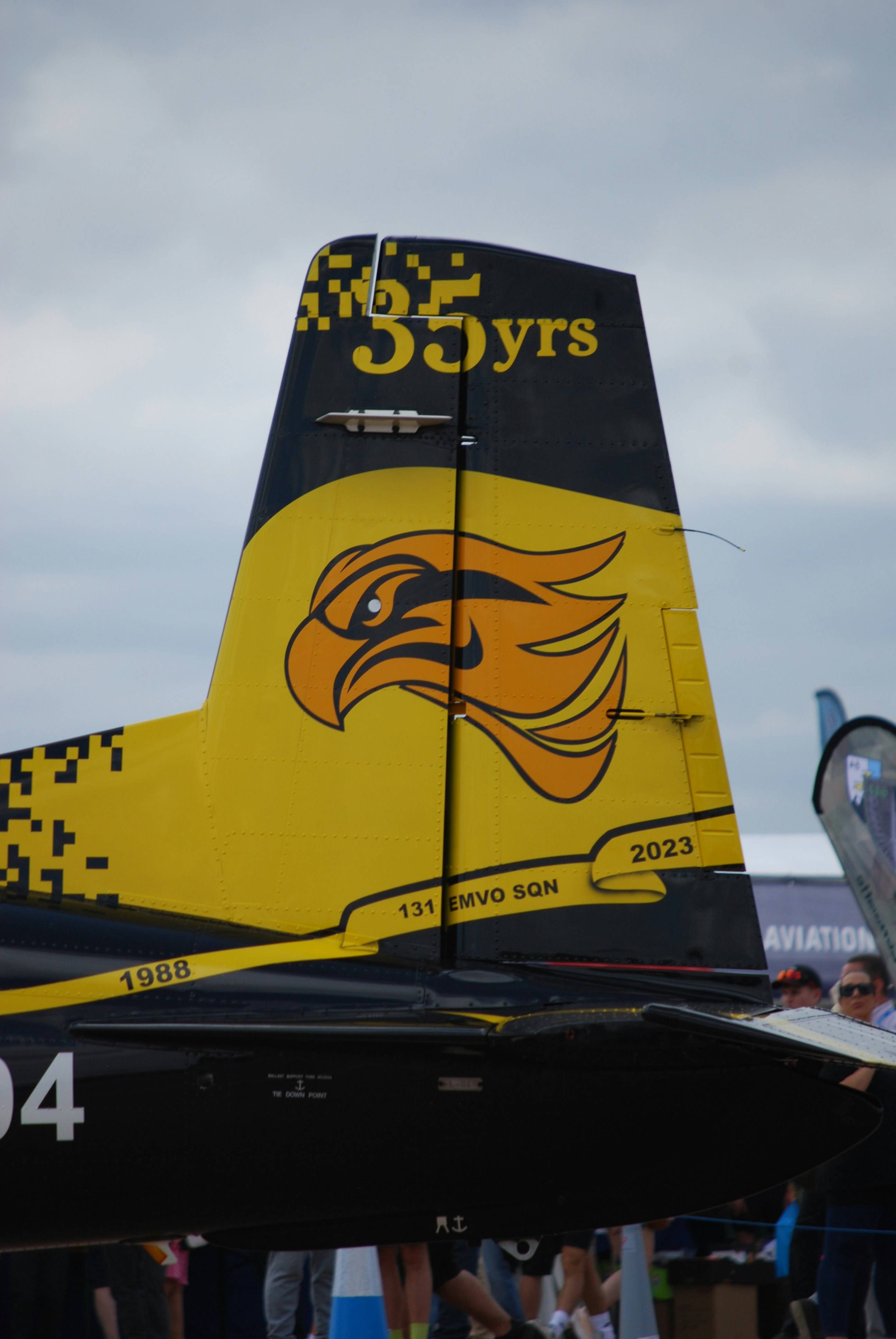 Yellow Jet Tail with Falcon Logo at an Airshow