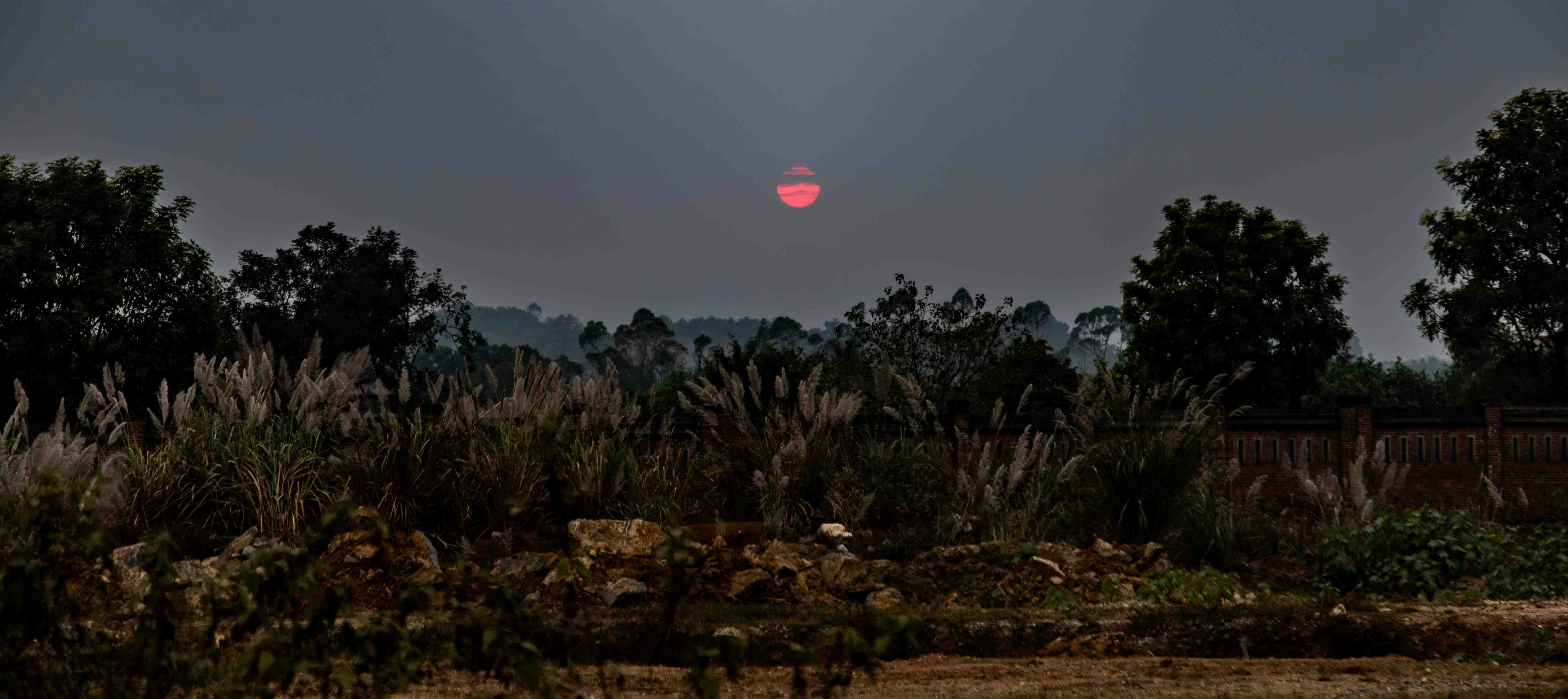 Dusk Over Quiet Fields: A Red Sun Dares the Horizon