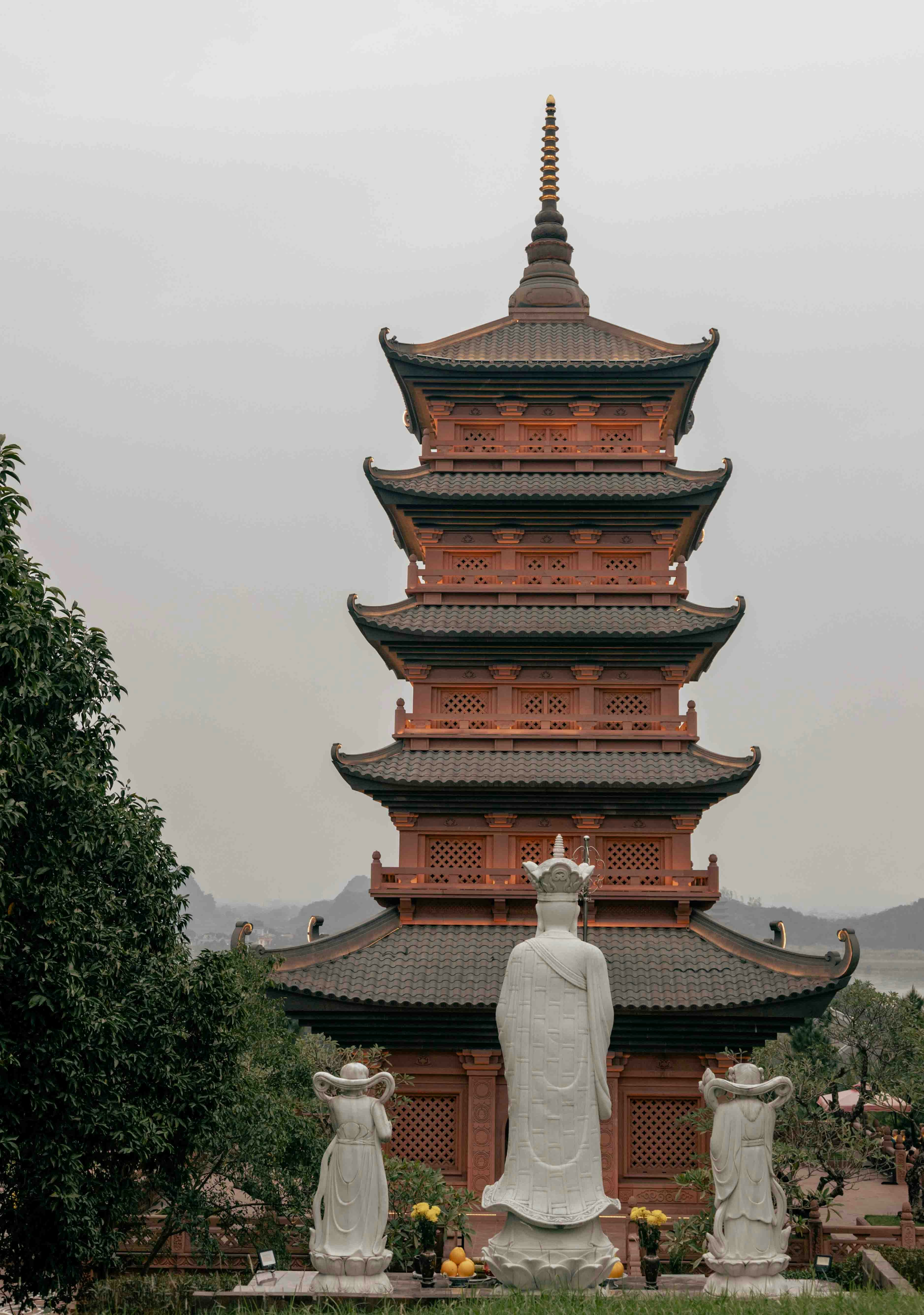 Echoes of Red Brick: a multi-tier pagoda against a muted skyline