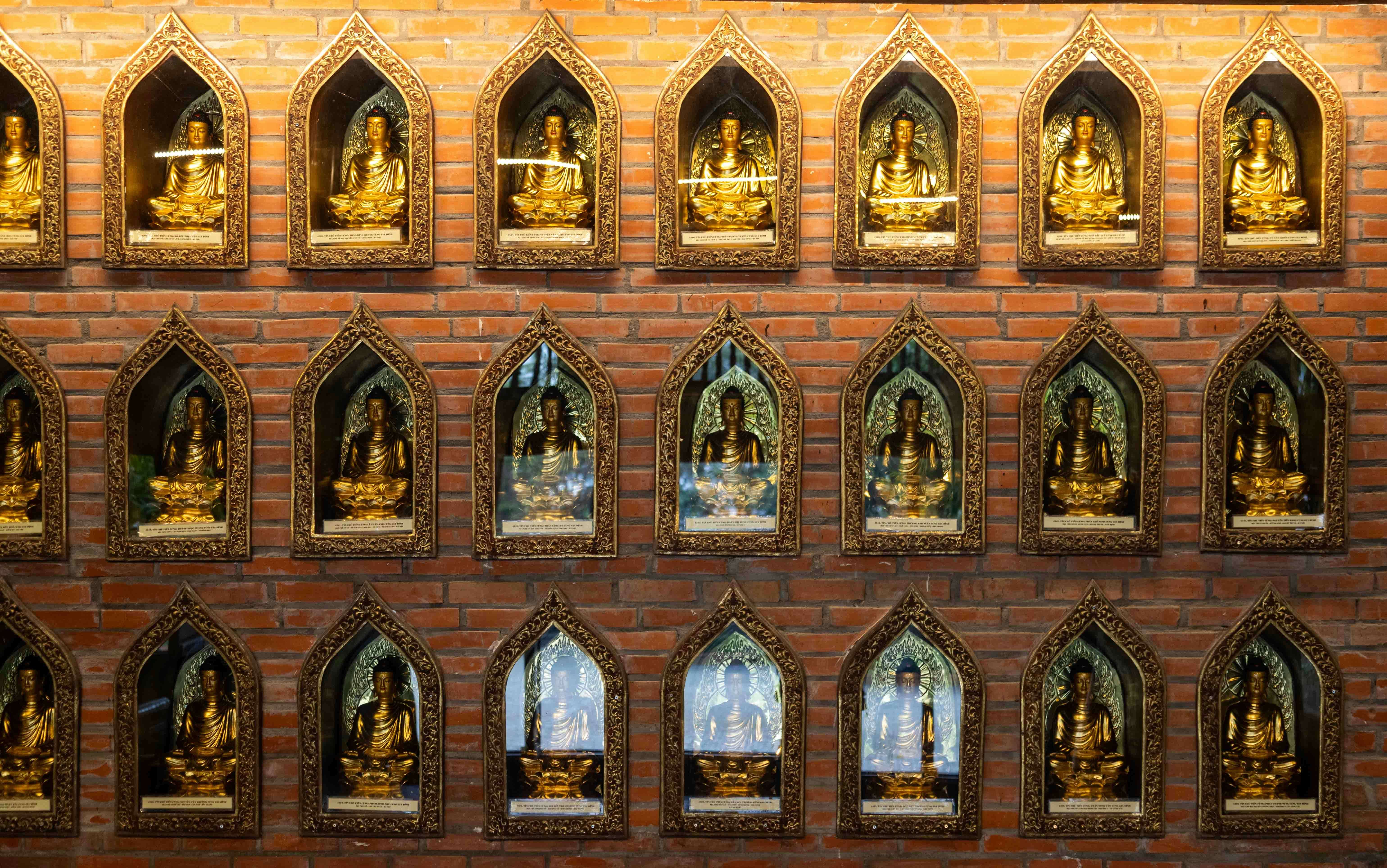 Symmetrical Rows of Golden Buddhas in Recessed Niches