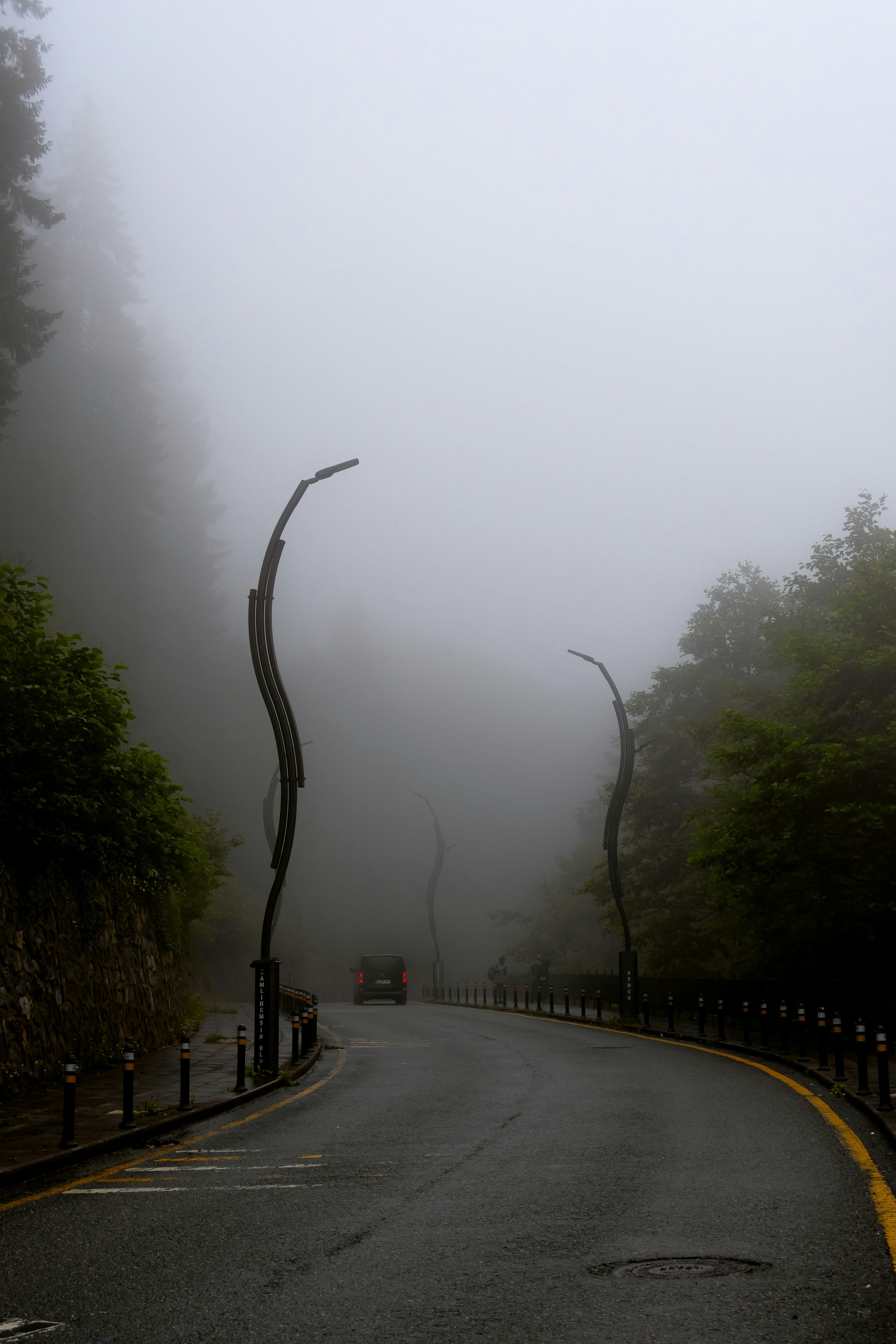 Mist-Wrapped Curve: A Lonely Car in the Veil