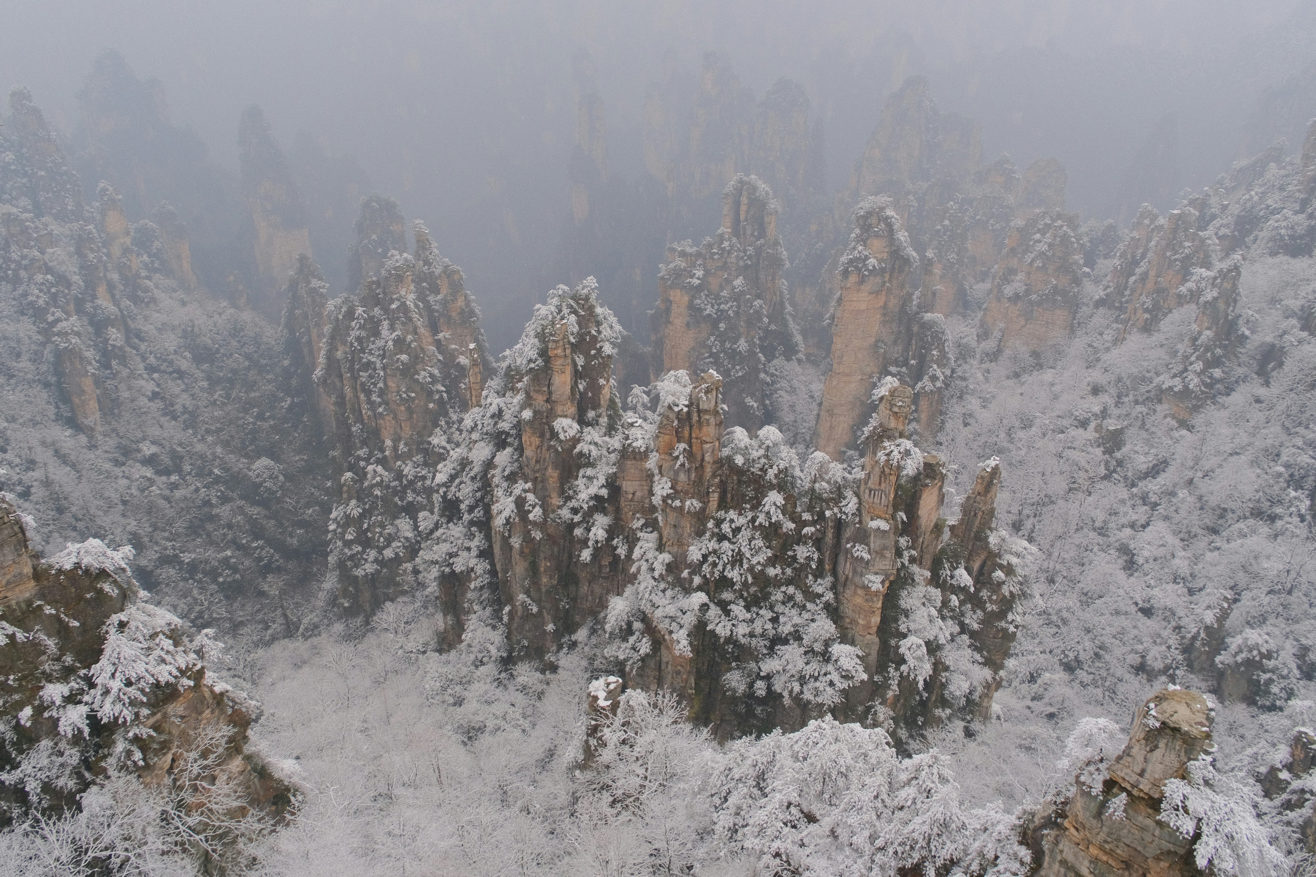 Snow-clad stone spires loom over frost-wreathed canyon