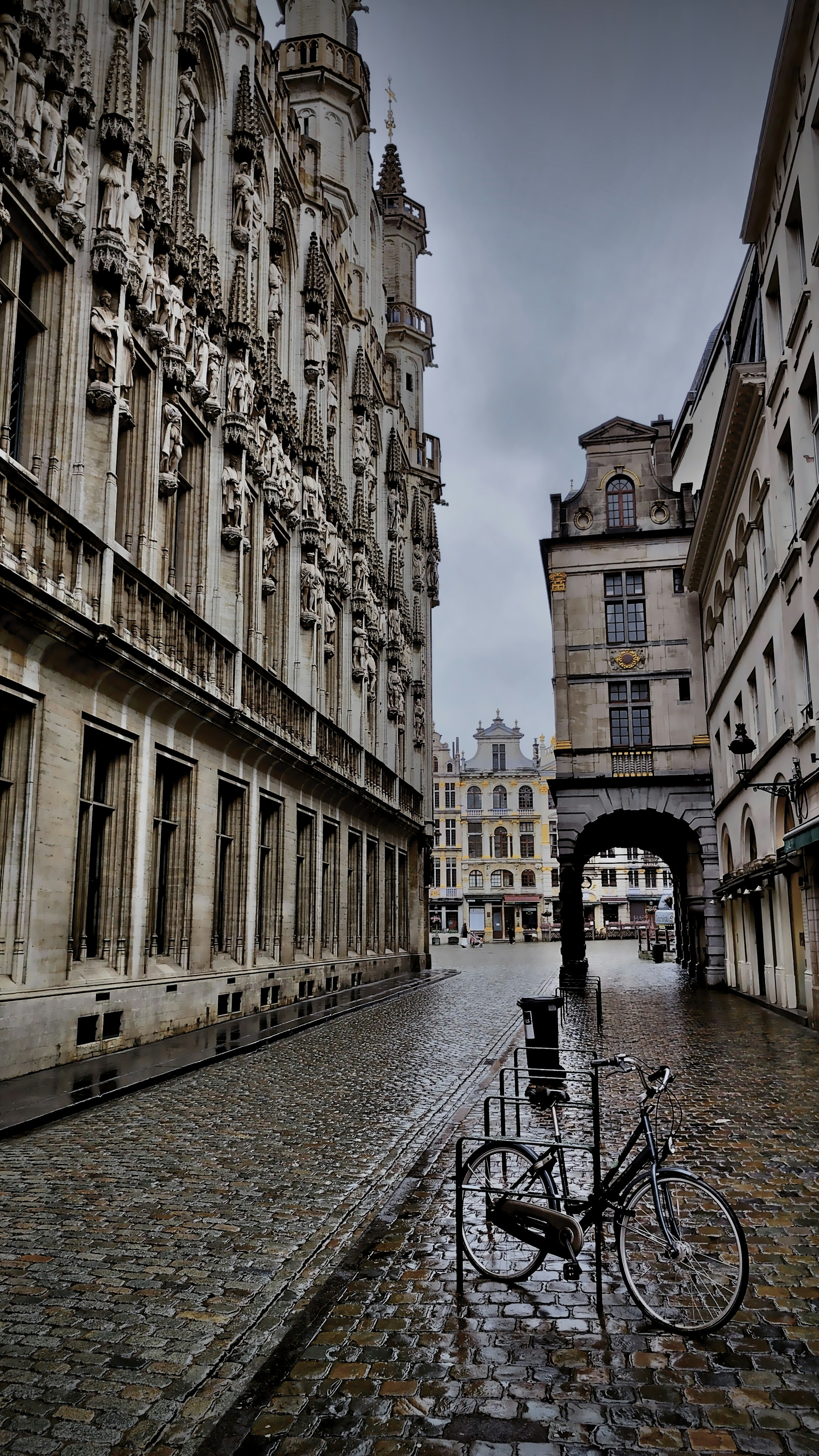Cobblestone Alleyway Between Stone Facades and a Quiet Bicycle