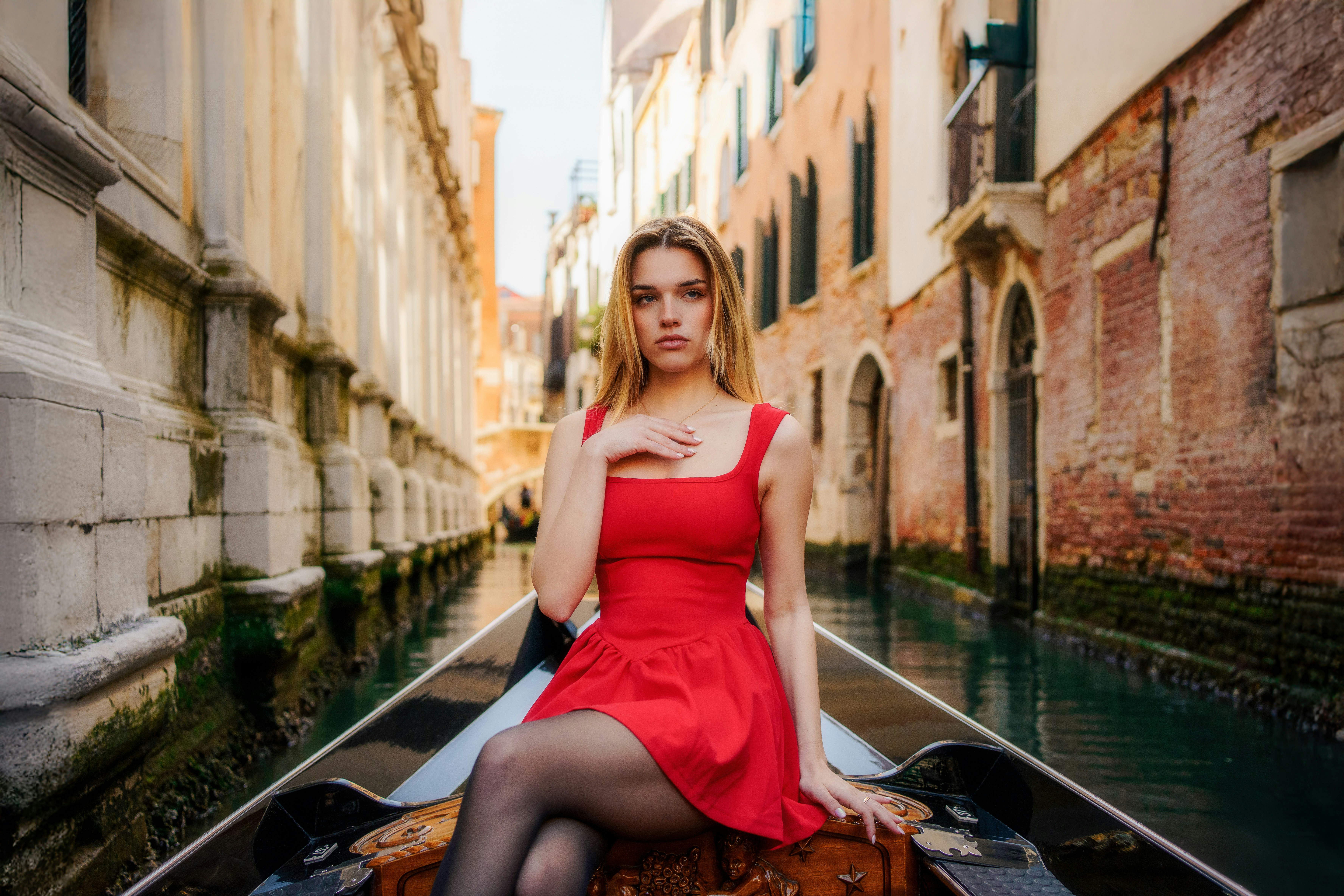 Red Dress in a Canal Corridor