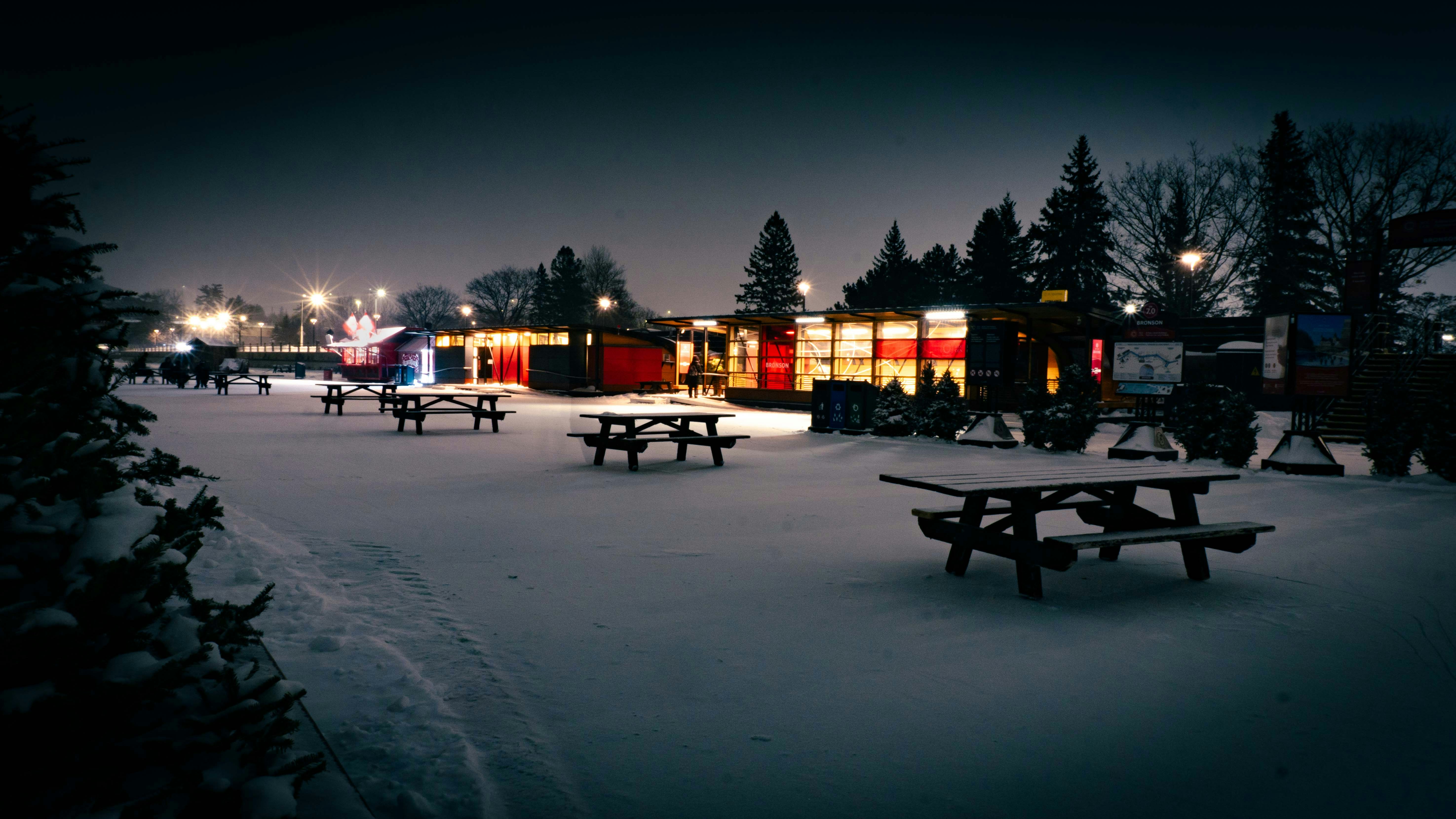 Snowlit Night Dining Hall: Warm Glow Amid Quiet Pines