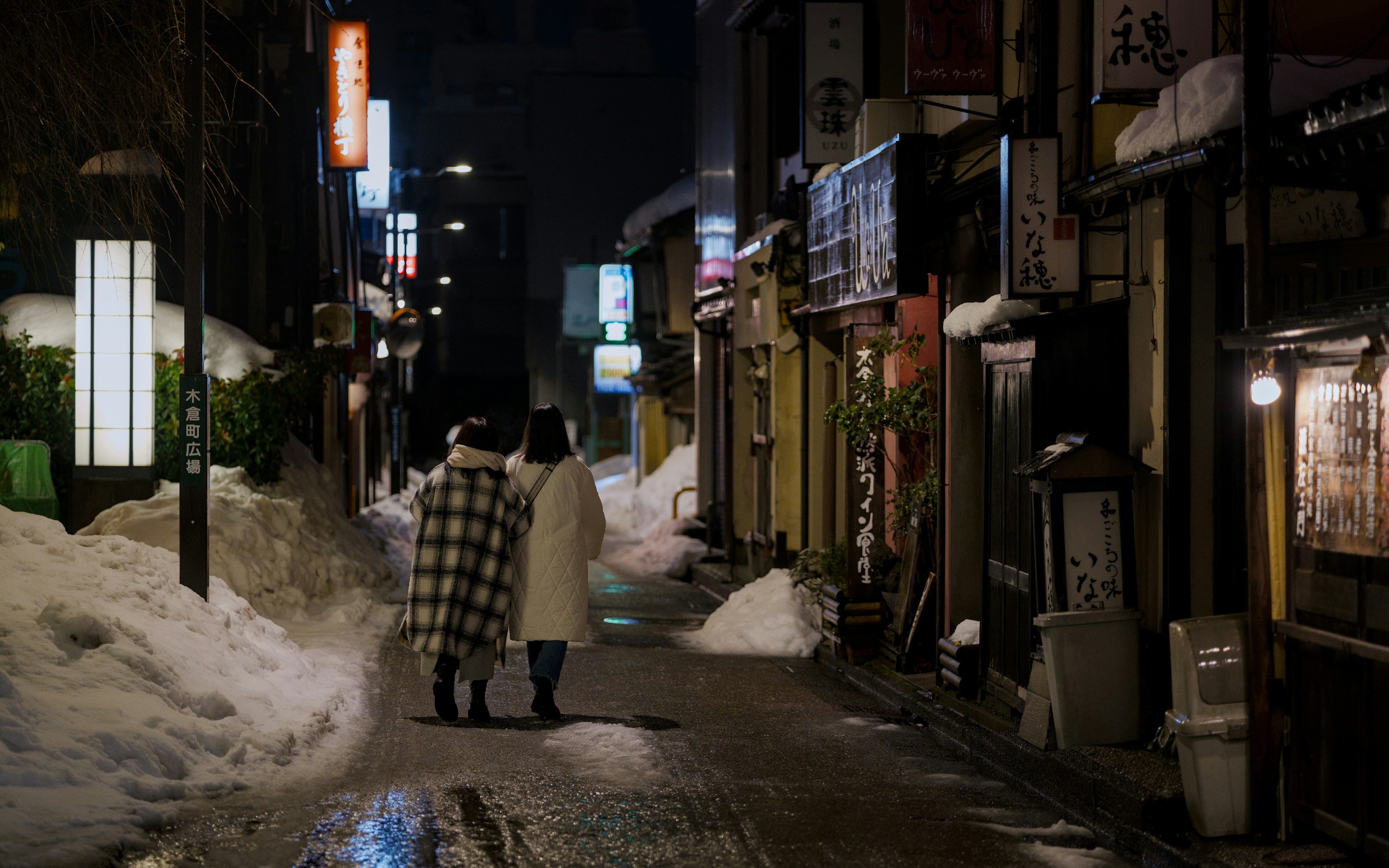 Snowy Night Stroll Through Neon Alley